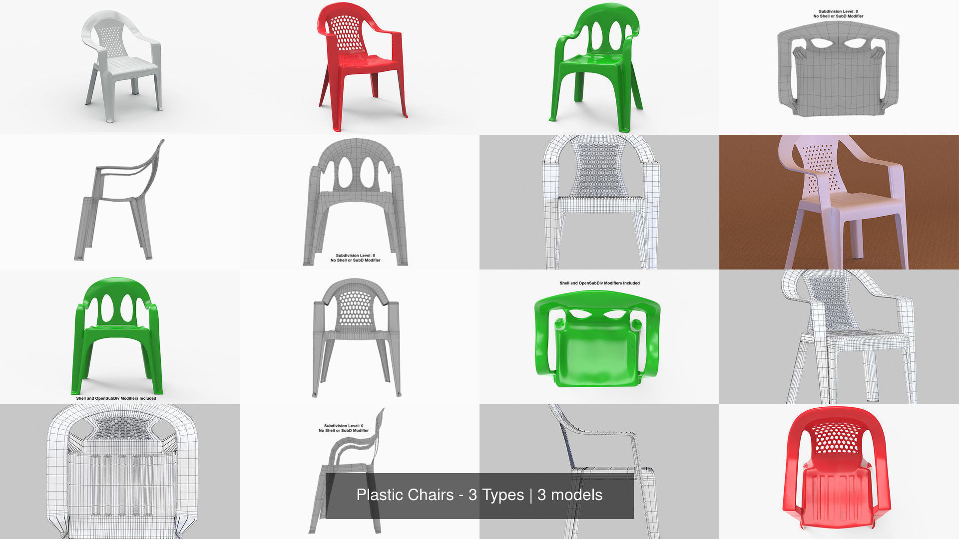 3D Model Collection Plastic Chairs - 3 Types VR / AR / low-poly | CGTrader