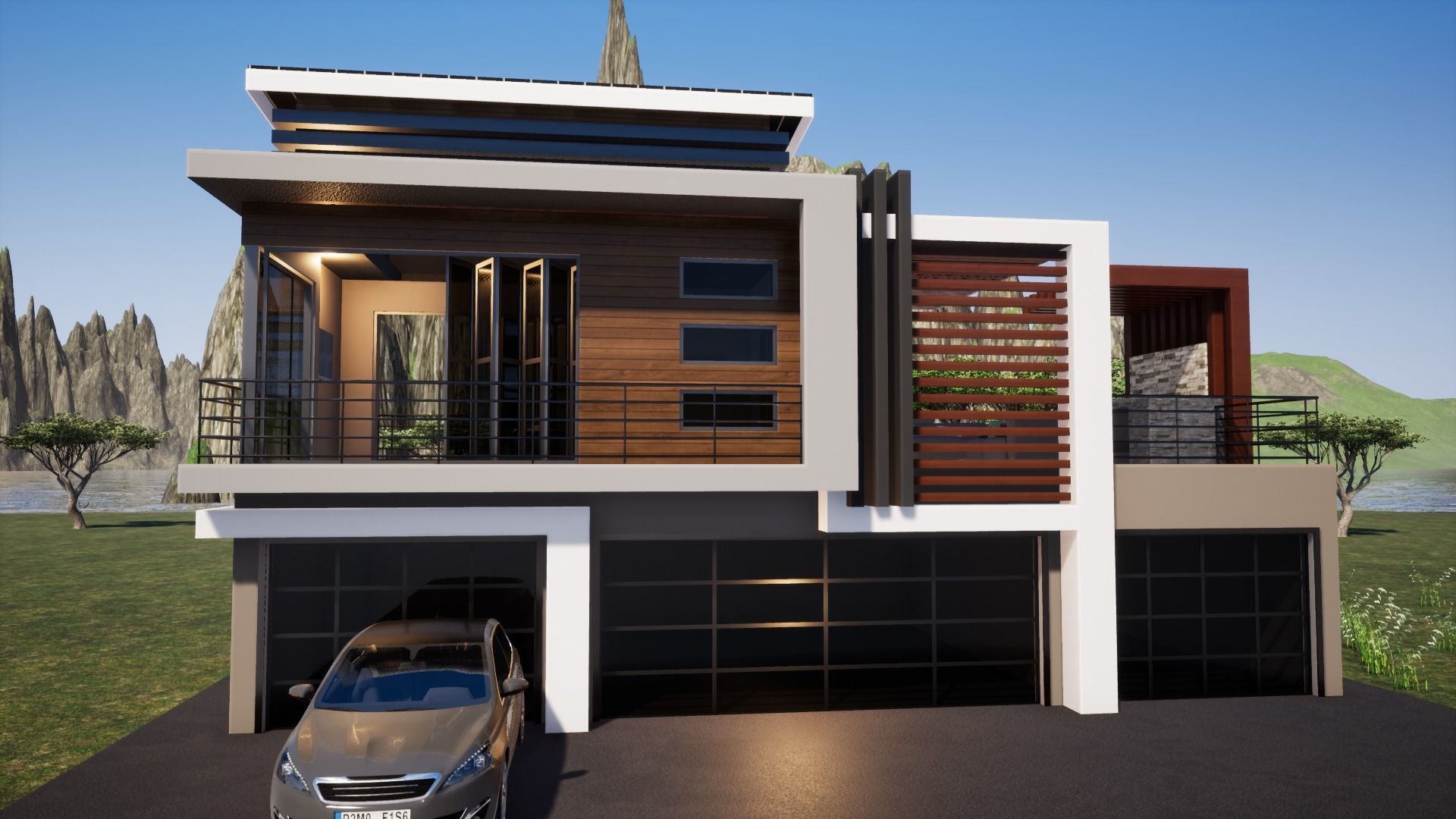 Garage modern house with car parked in front 3D model | CGTrader