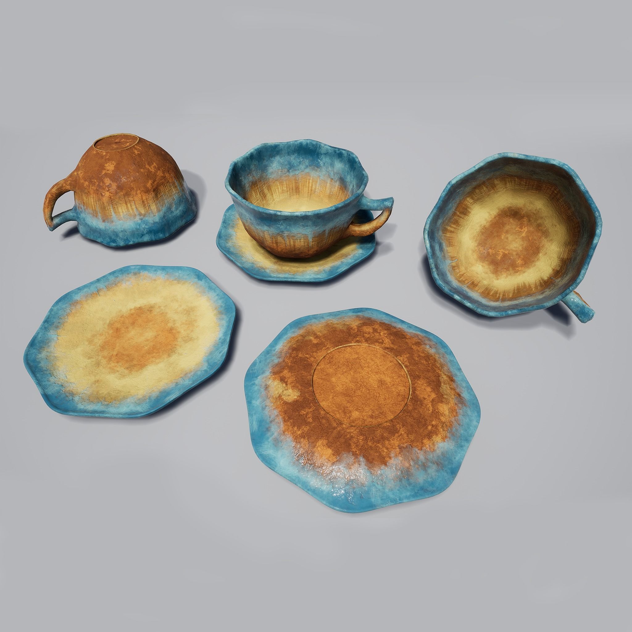 3D model Teacup and Sacuer Blue Glazed VR / AR / low-poly | CGTrader