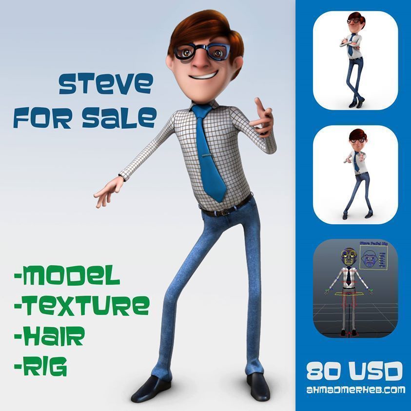 Steve cartoon character with glasses and tie 3D model rigged | CGTrader