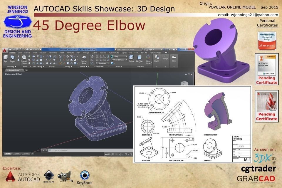 AUTOCAD Skills Showcase - 45 Degree Elbow free 3D model | CGTrader