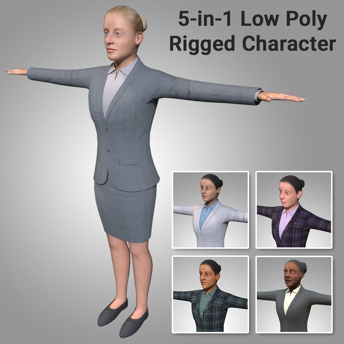 3D model 5-in-1 Low Poly Rigged Female Character - Maya Rig VR / AR ...
