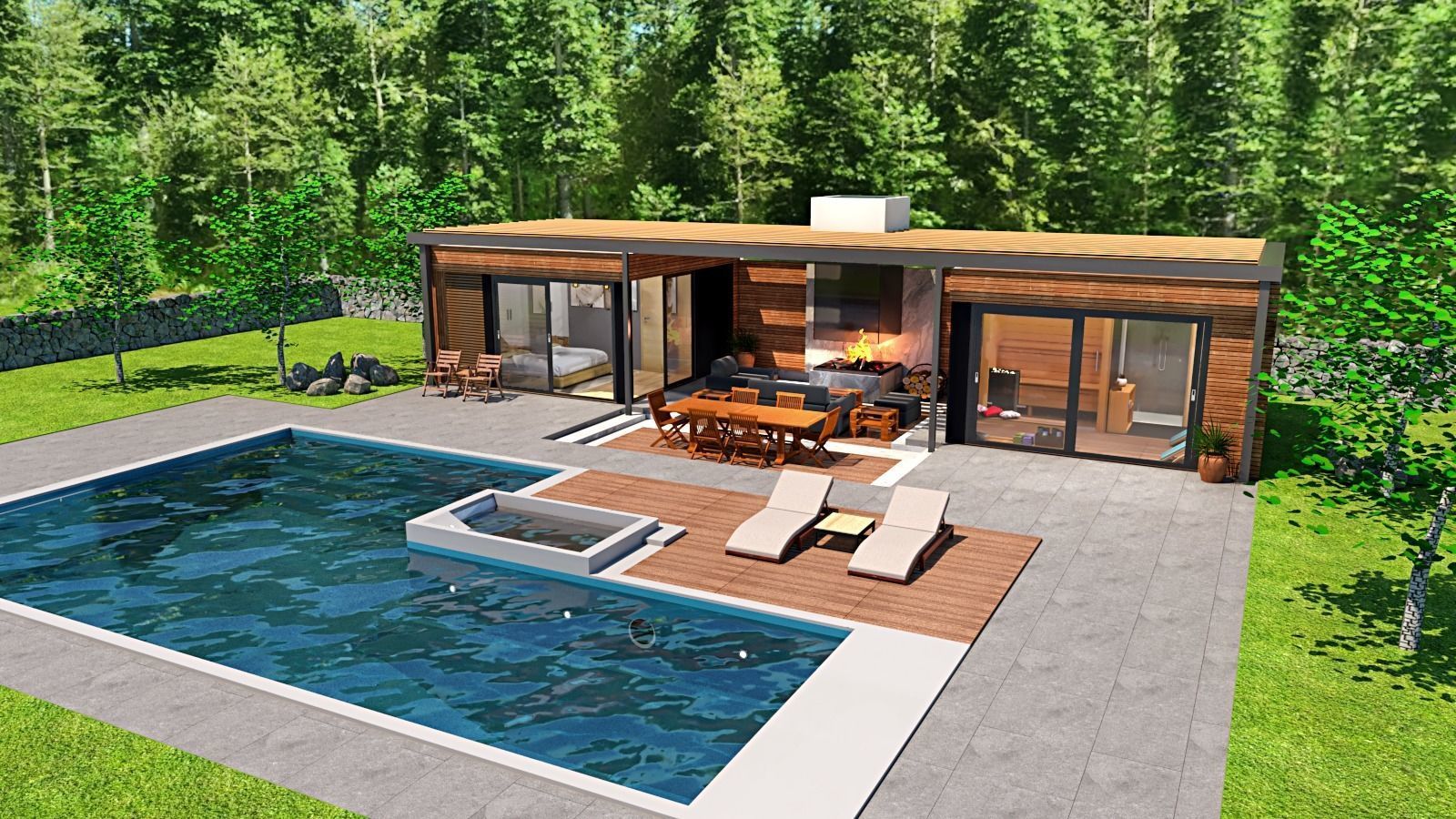 pool house with fireplace and sauna 3d model 3D model | CGTrader