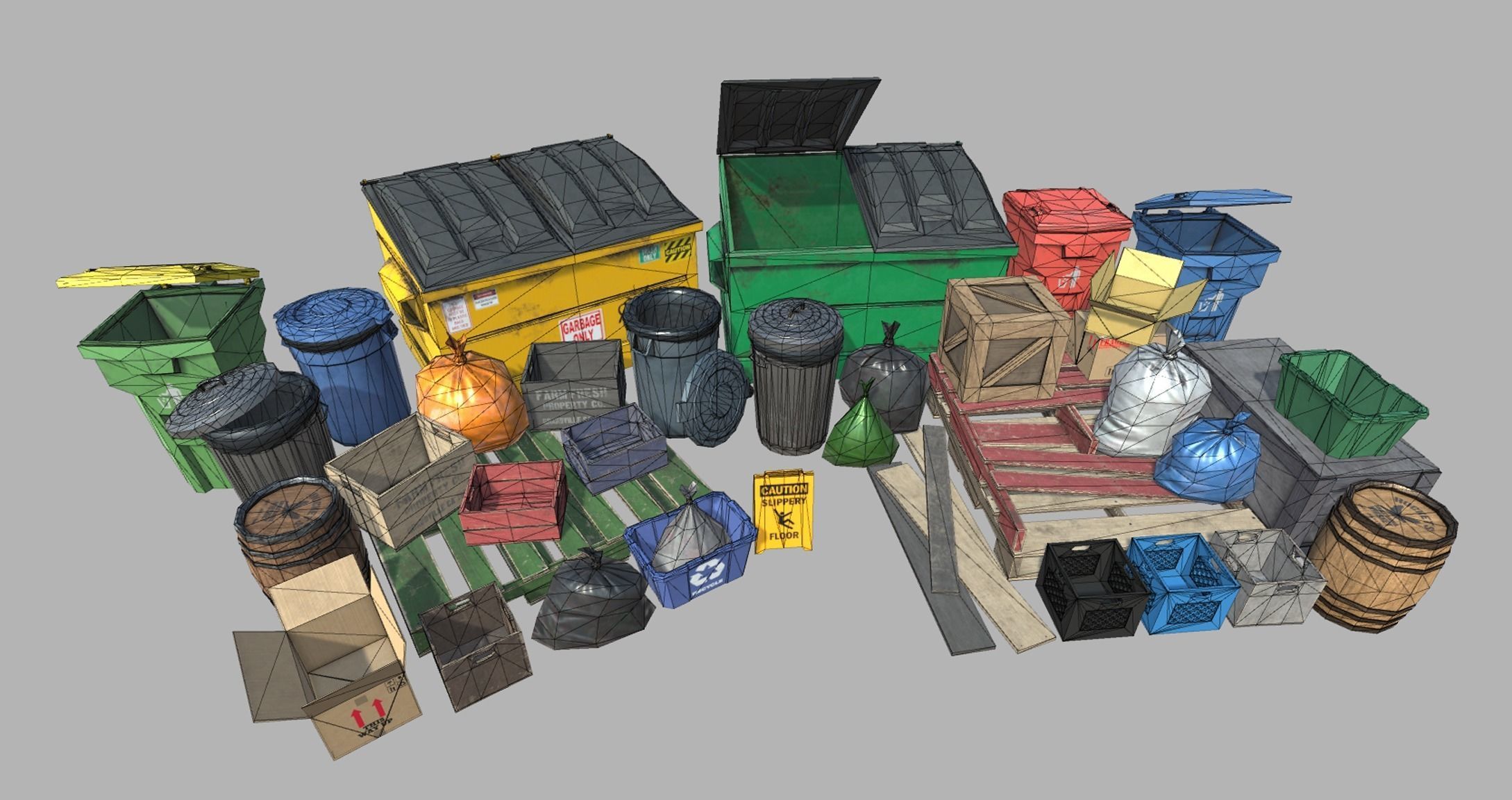 3D model Garbage bins and crates and other Props VR / AR / low-poly ...