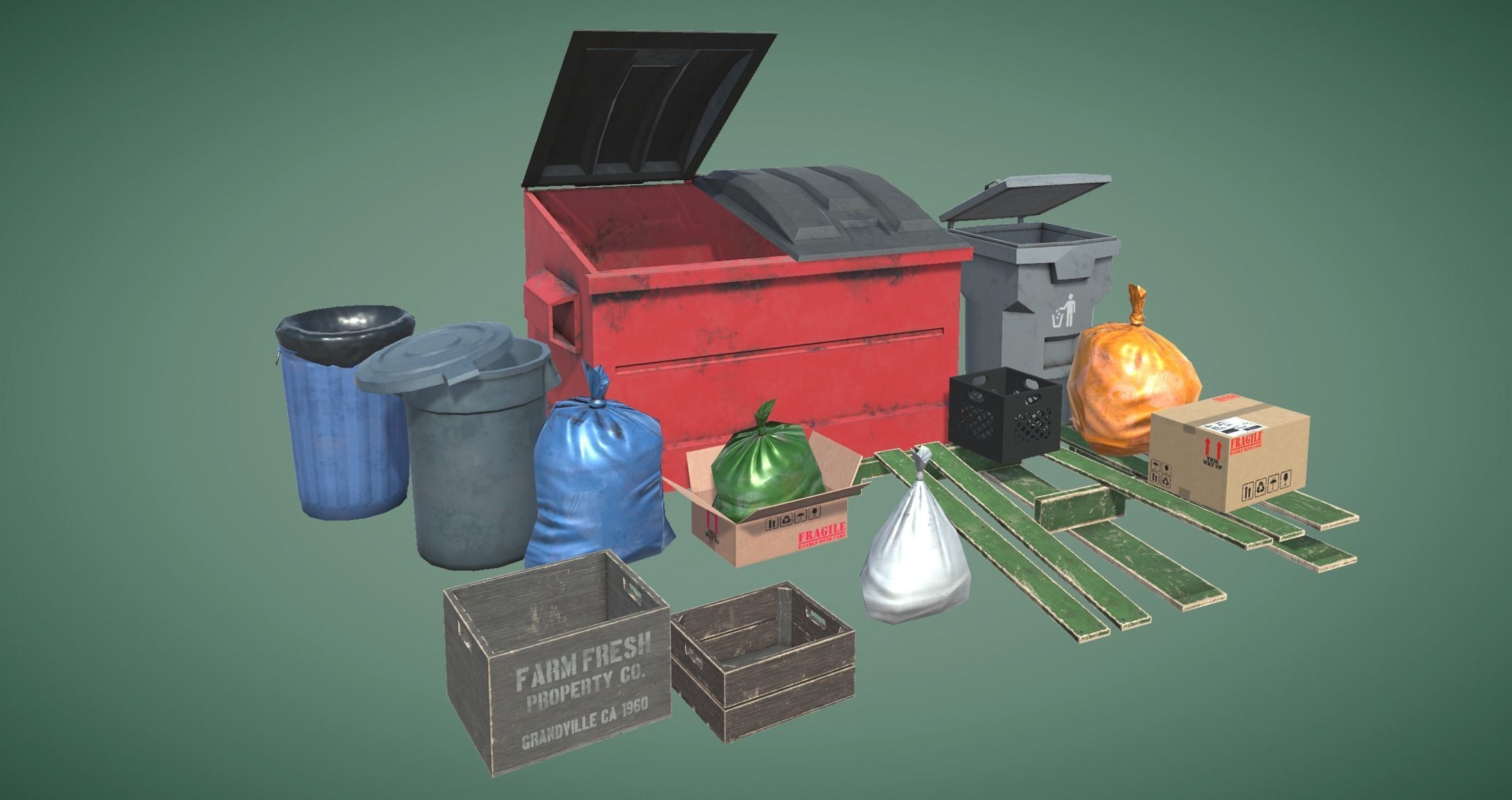 3D model Garbage bins and crates and other Props VR / AR / low-poly ...