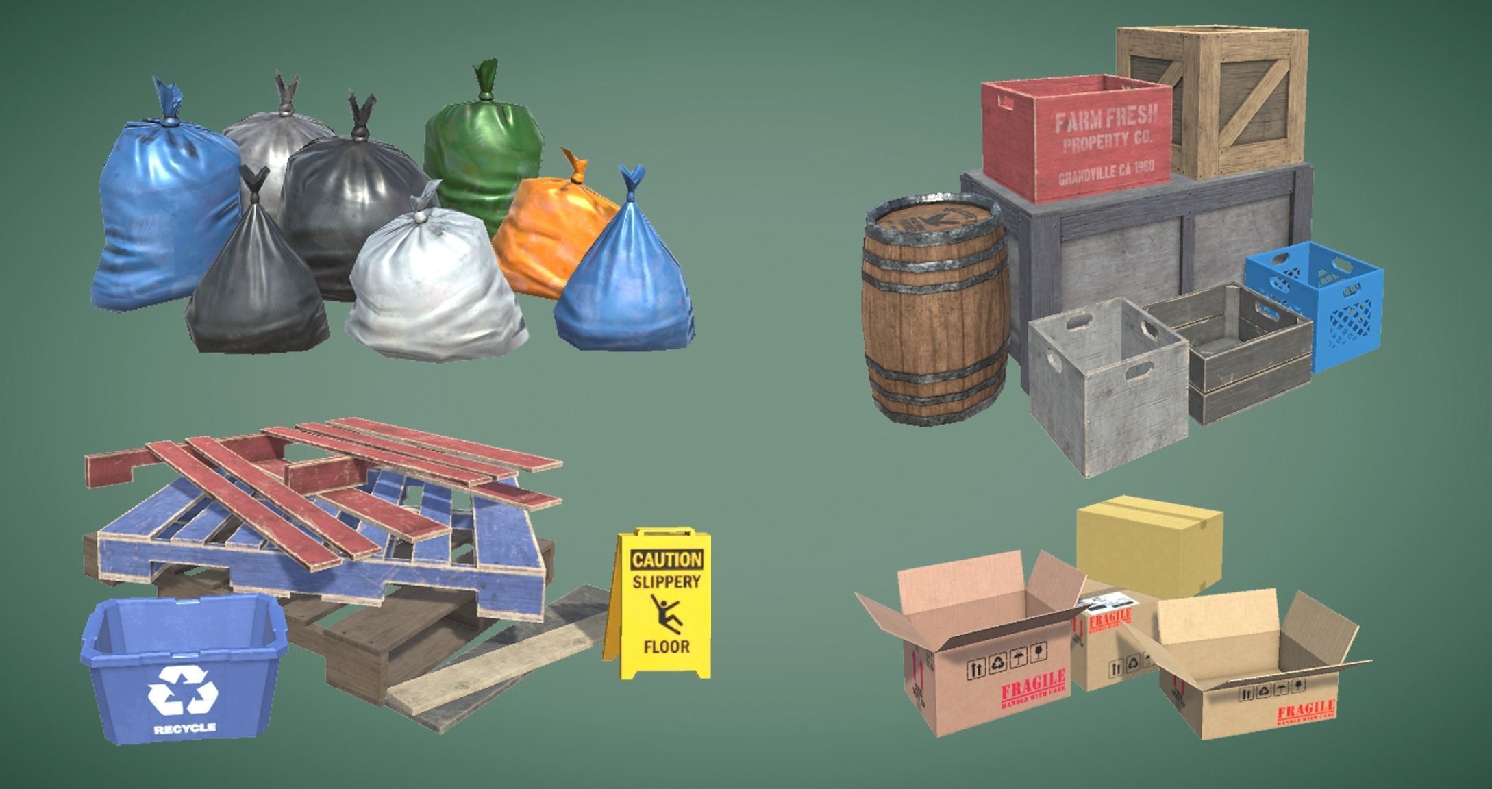 3D model Garbage bins and crates and other Props VR / AR / low-poly ...
