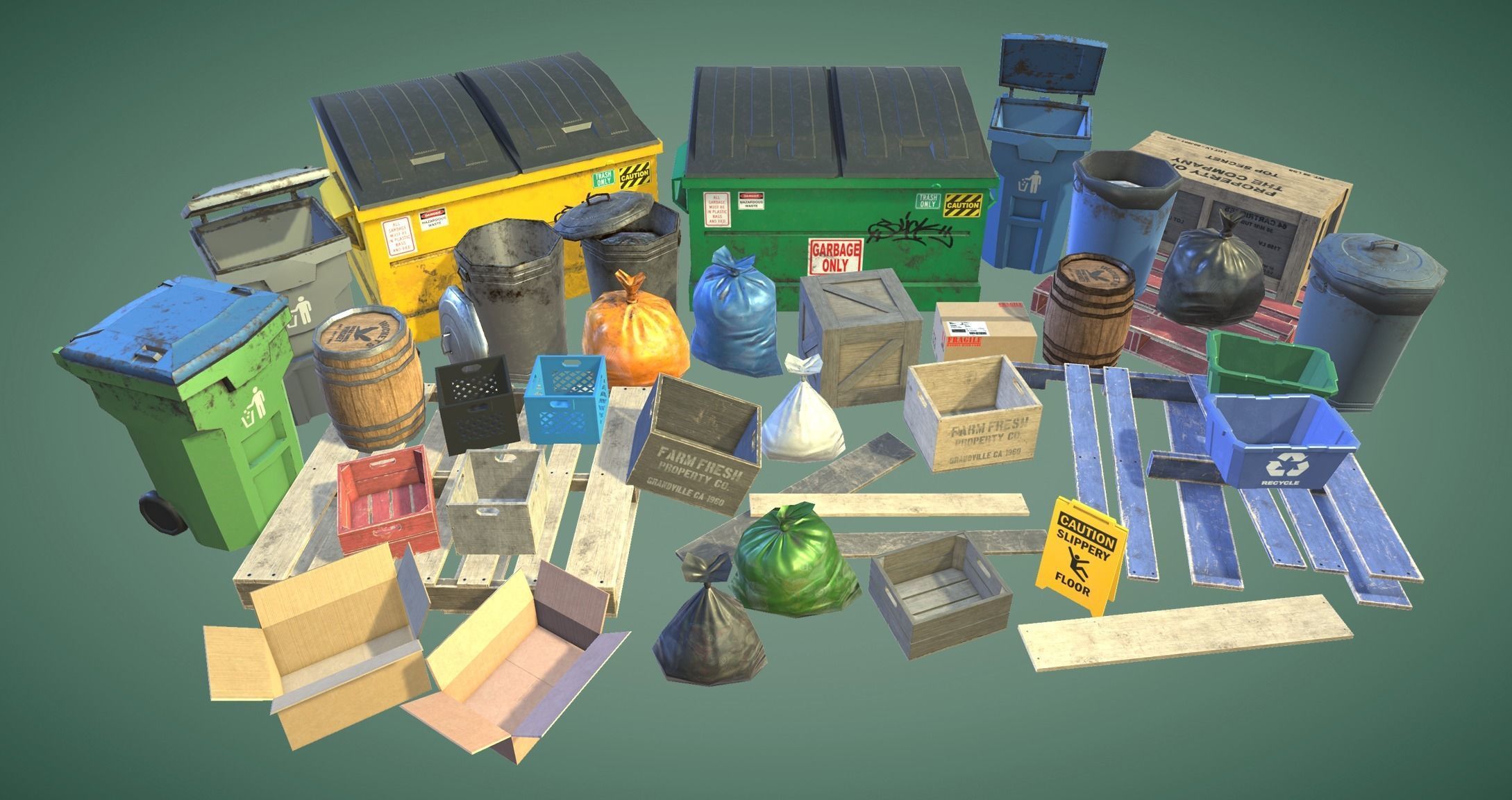 3D model Garbage bins and crates and other Props VR / AR / low-poly ...