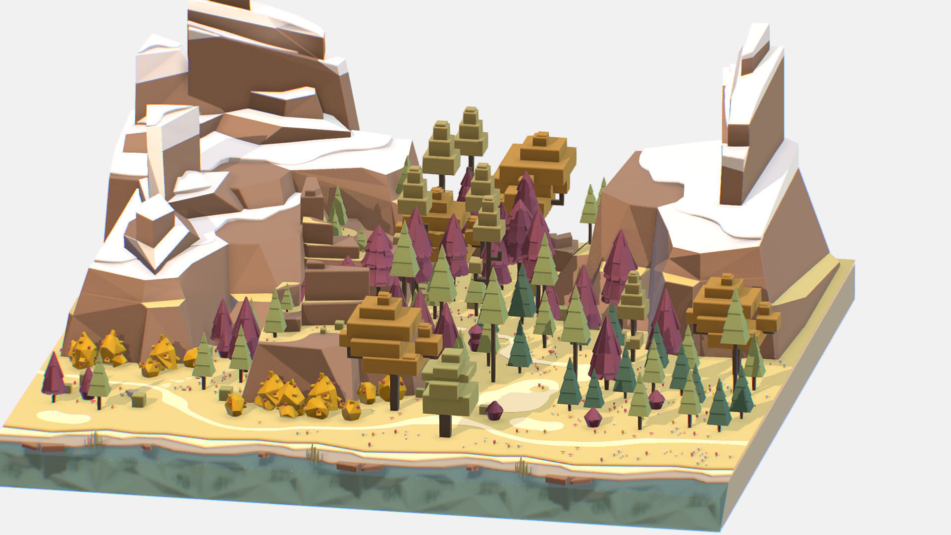 3D model Isometric style autumn big mountain landscape on river VR / AR ...