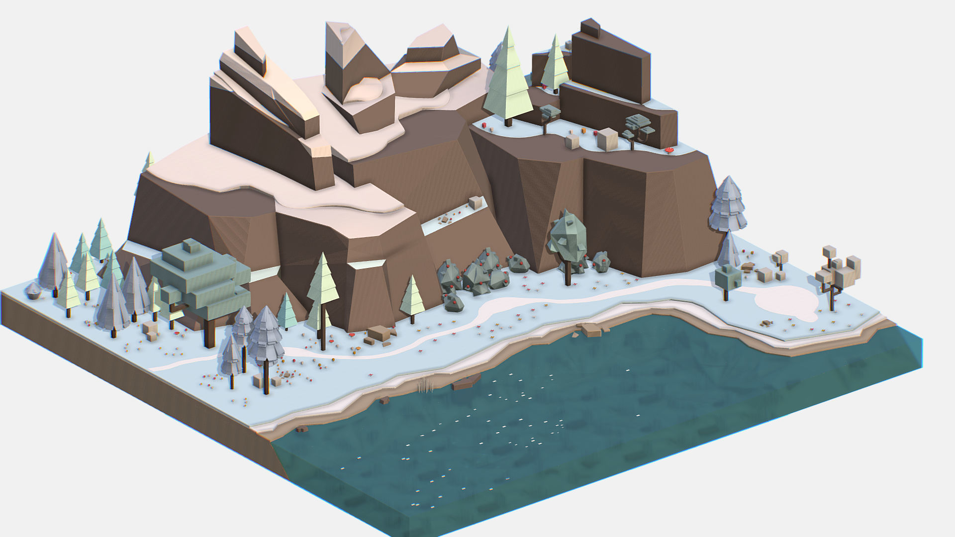 3D model Isometric style lake winter mountain landscape VR / AR / low ...