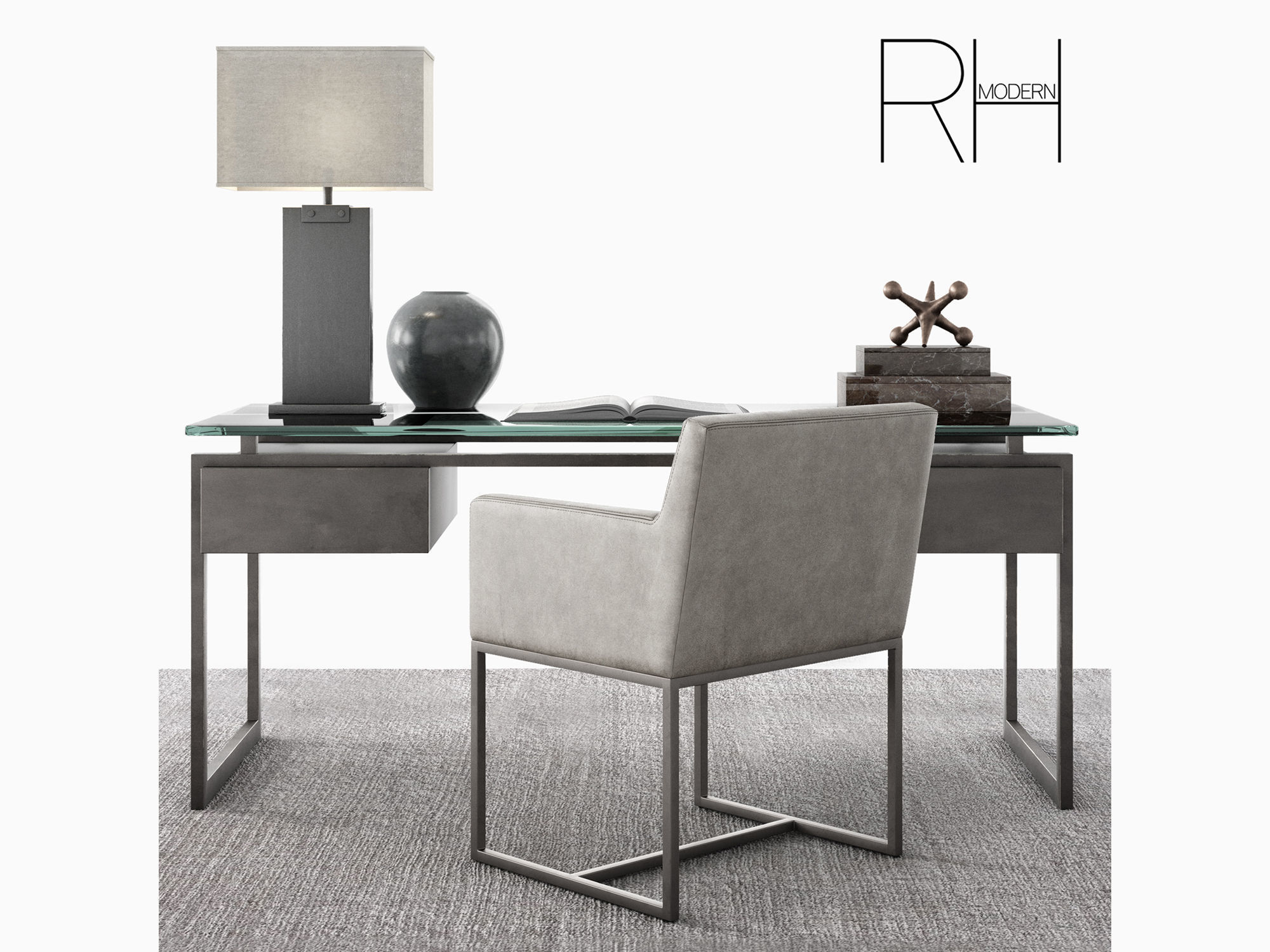 RH Latour desk set with emery track armchair and rug 3D model | CGTrader
