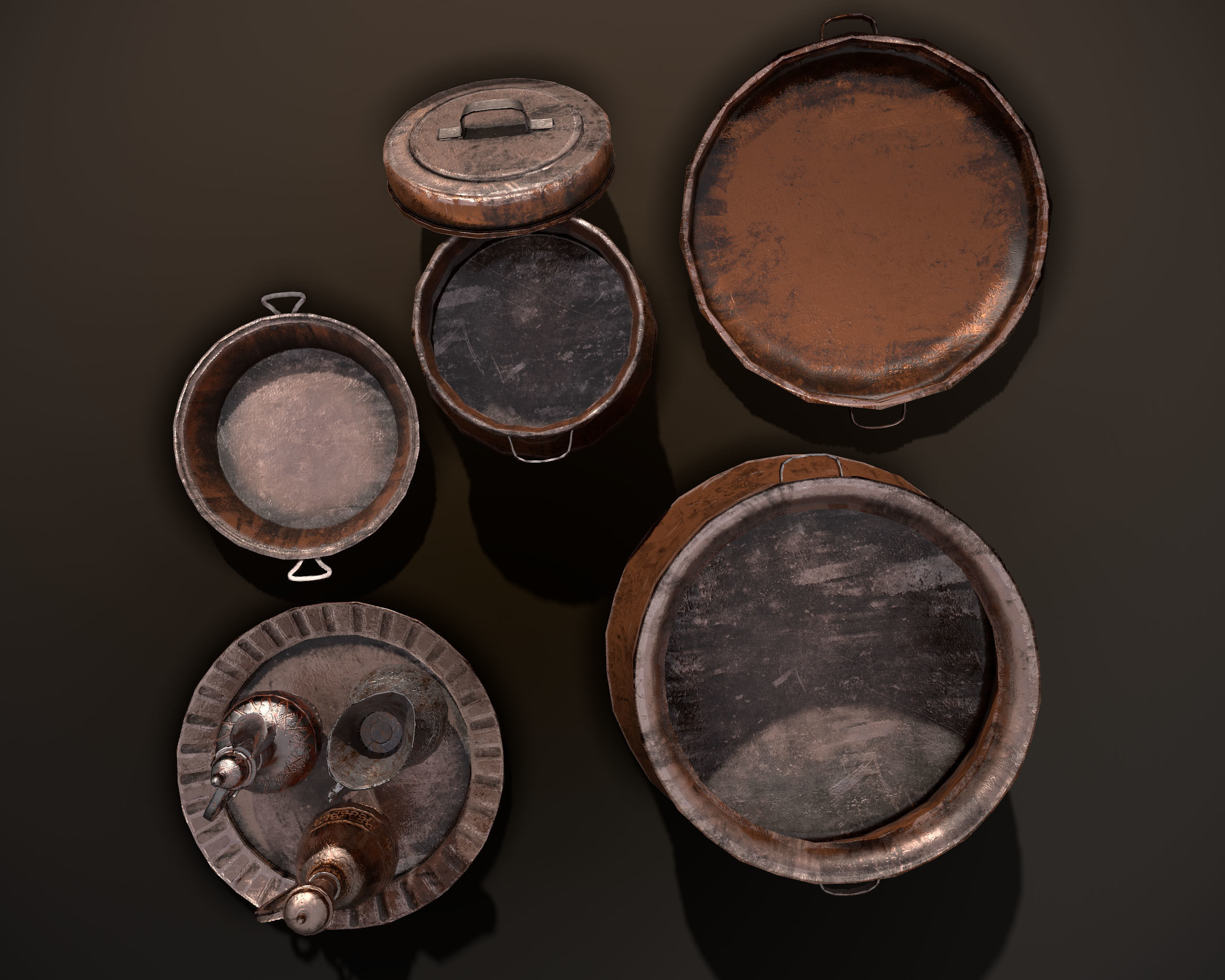 3D model copper Dishes and pitcher Low poly PBR game ready VR / AR ...