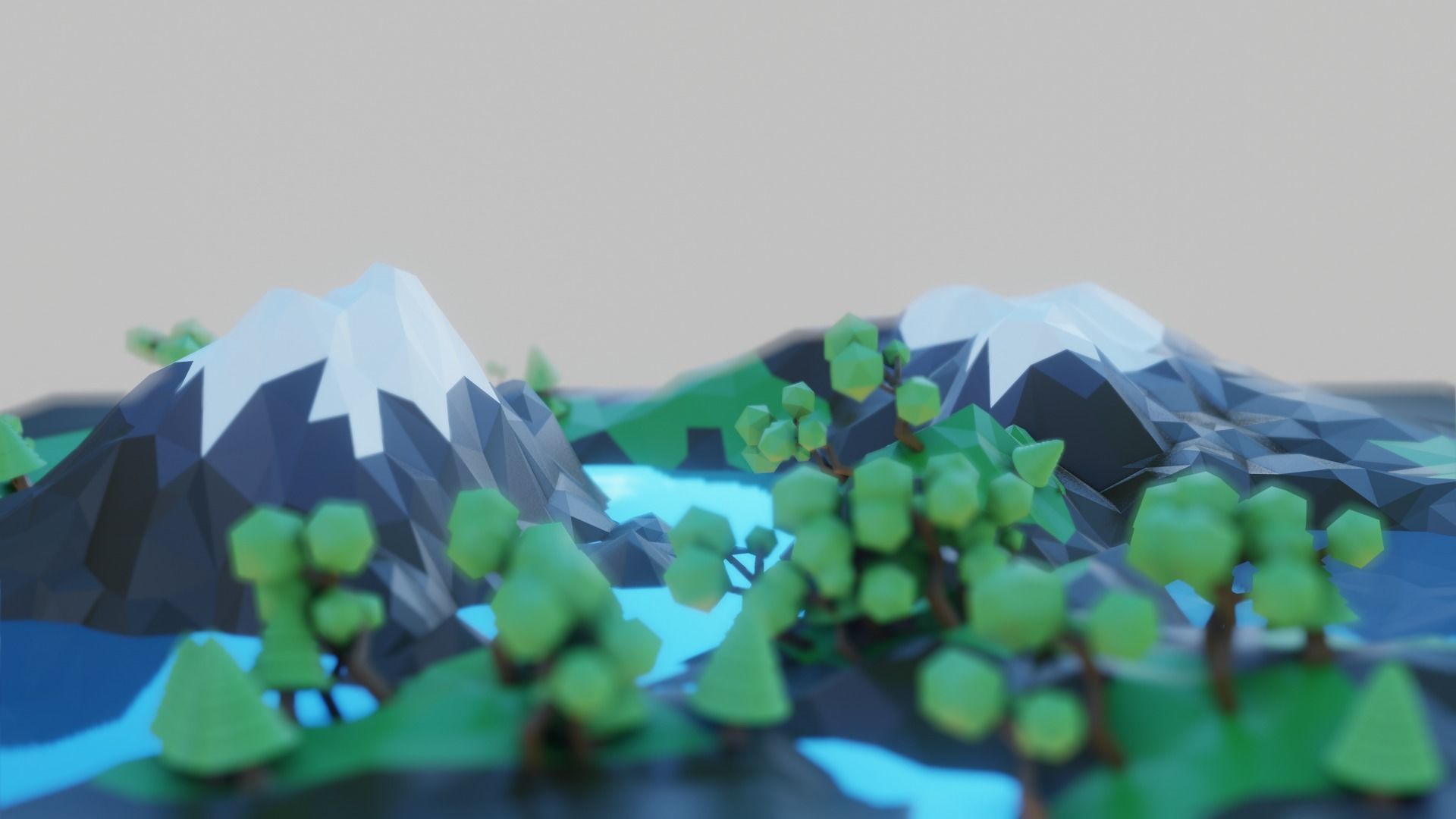 Low Poly Mountains island with trees and lake free VR / AR / low-poly ...