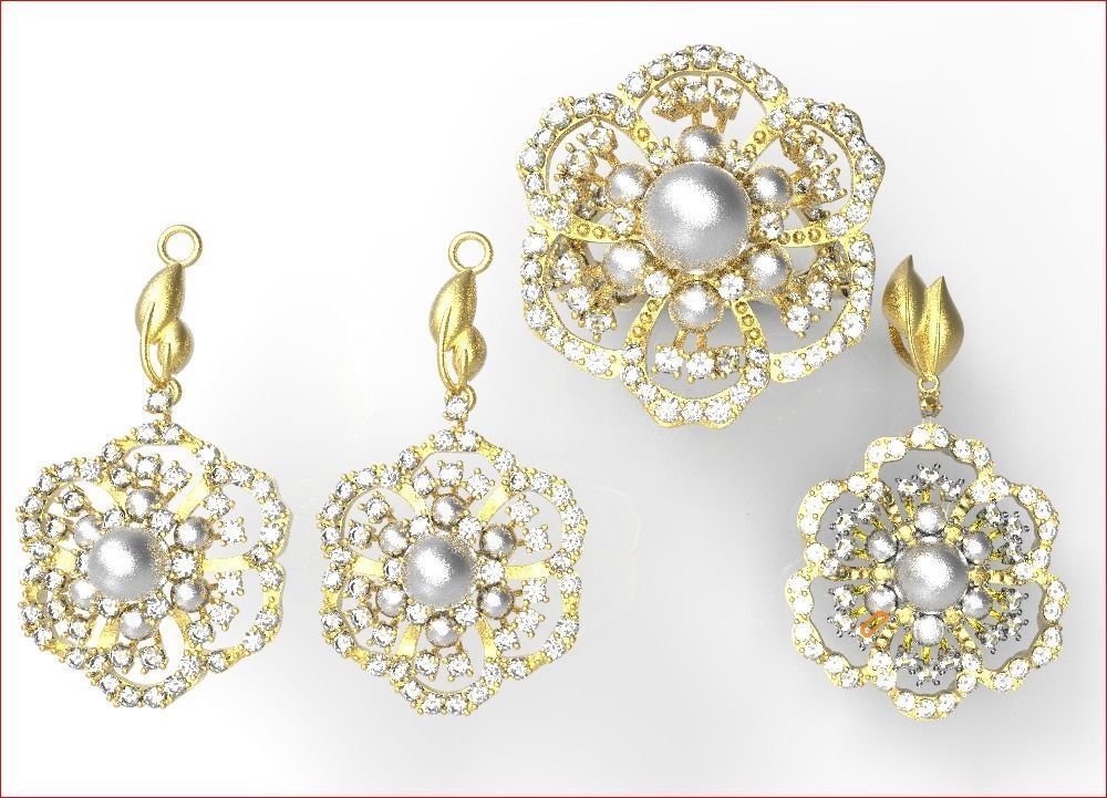 jewelry pearl and diamond brooch set free 3D model | CGTrader