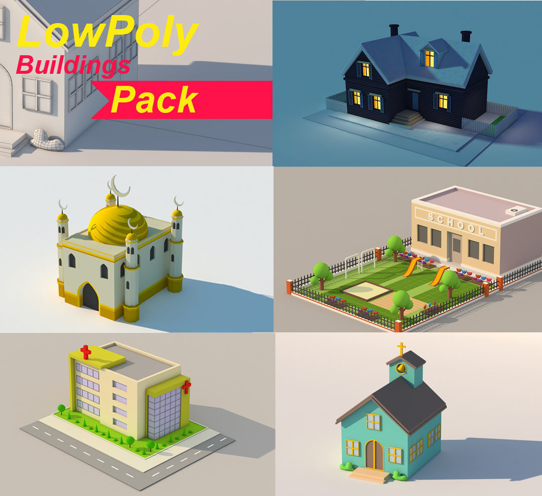 3D model Low Poly Building Pack VR / AR / low-poly | CGTrader