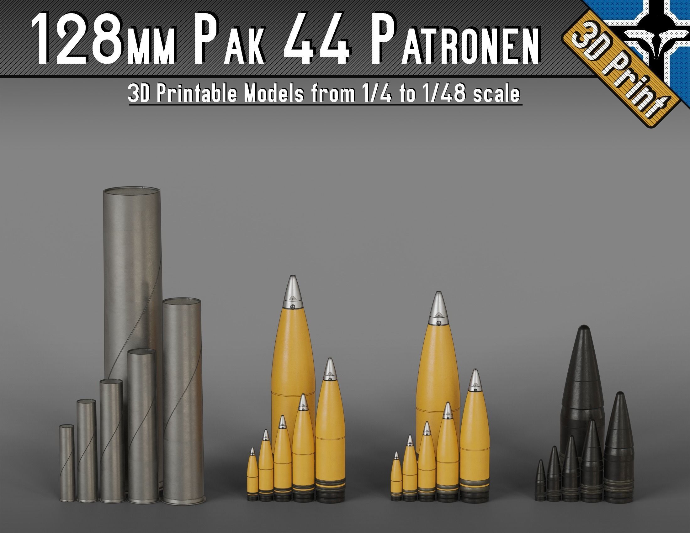 128mm Pak 44 - KwK 44 Patronen --- 1-4 to 1-48 scale models --- 3D ...