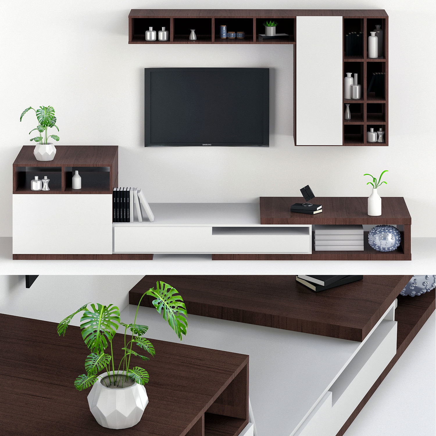 TV set unit with shelves and plants 3D model | CGTrader
