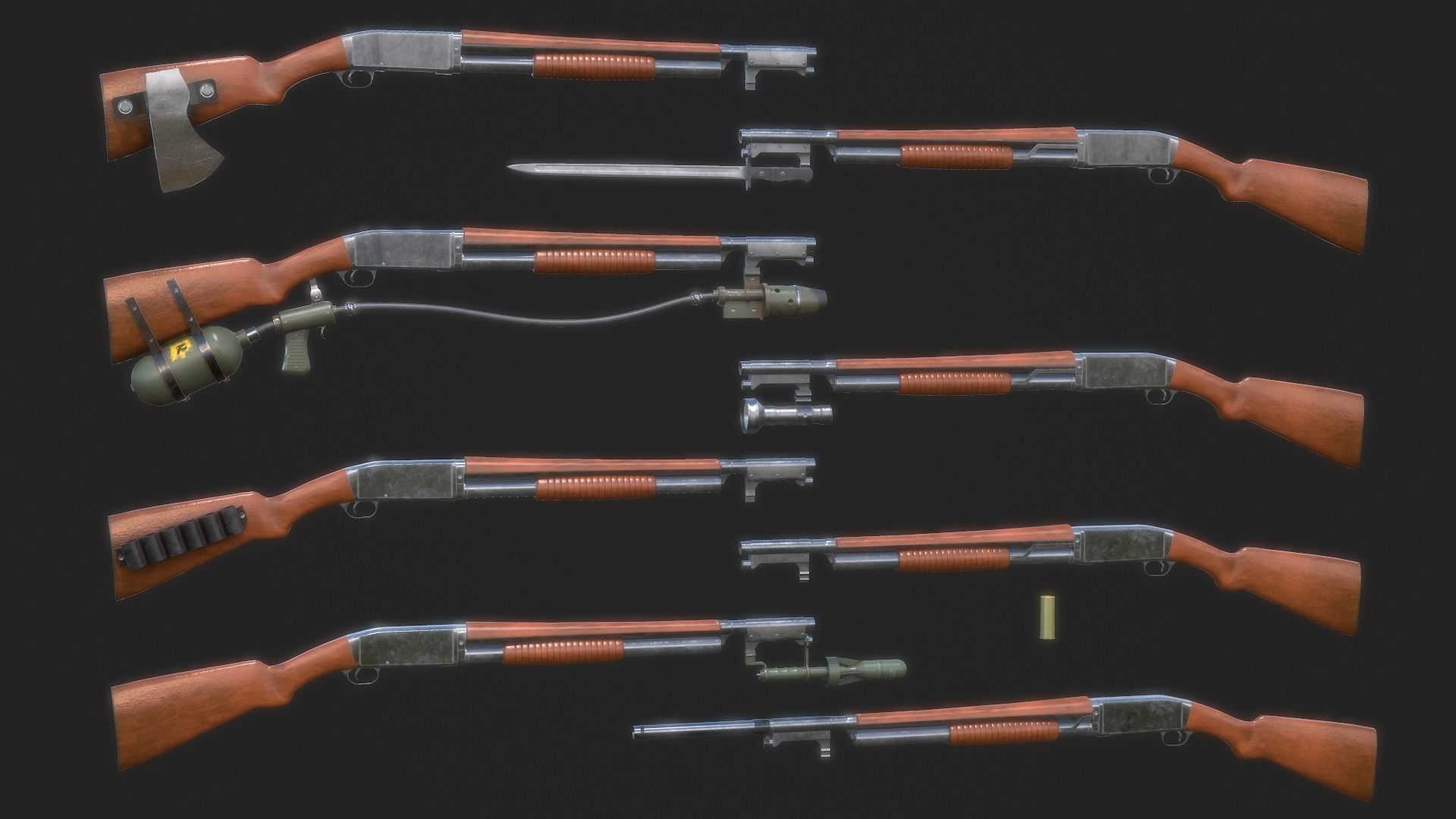 3D model WW2 Trench Gun with Animations and Attachments VR / AR / low ...