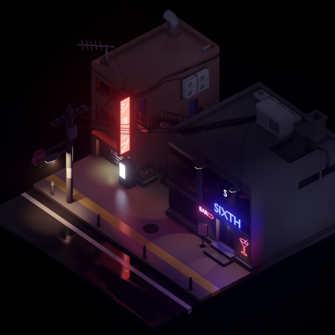 3D model Low Poly Bar Night Exterior Scene VR / AR / low-poly | CGTrader