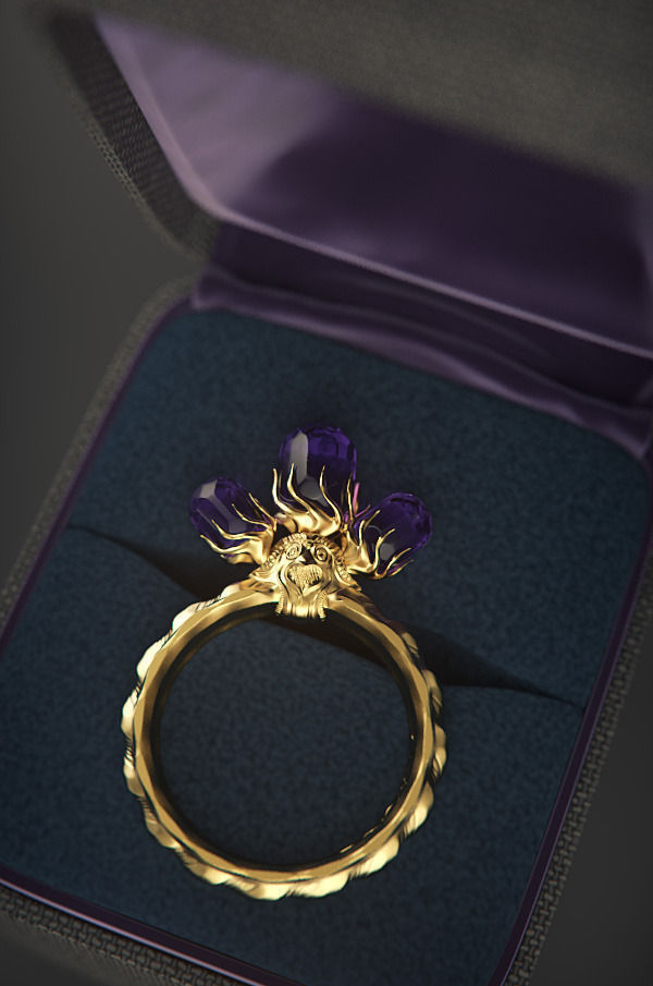 Gold Gothic Amethyst Ring with Jewelry Case 3D model | CGTrader