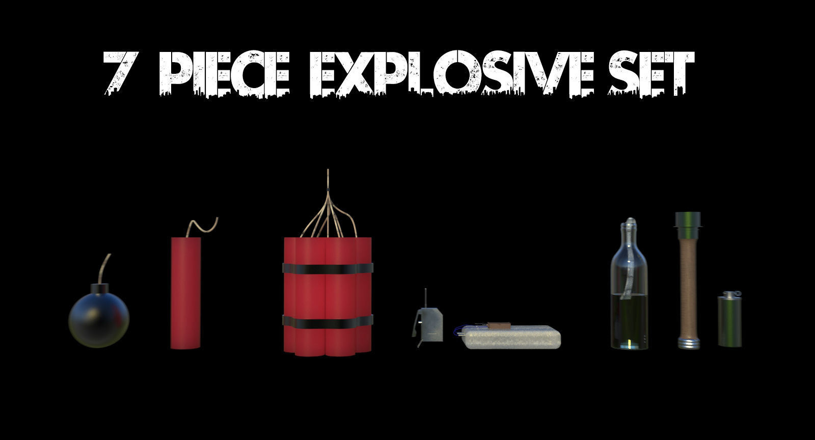 3D model 7 piece explosives set VR / AR / low-poly | CGTrader