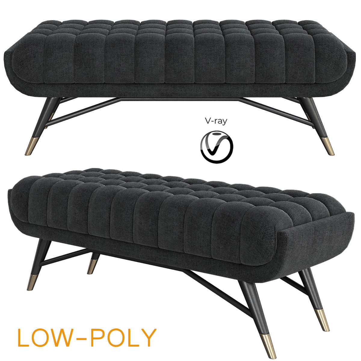 3D model Mid Century Deep Tufted Grey Velvet Extra Long Bench 3d model ...