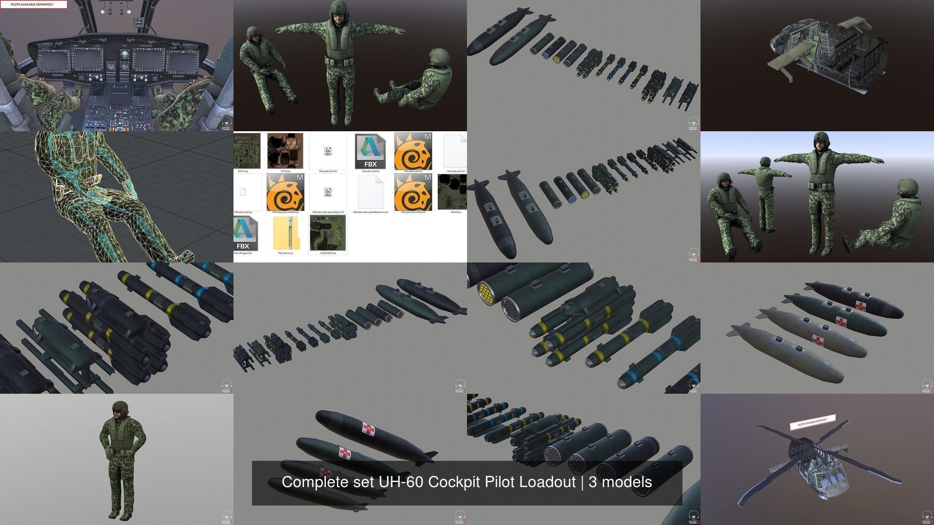 3D Model Collection Complete set UH-60 Cockpit Pilot Loadout VR / AR ...