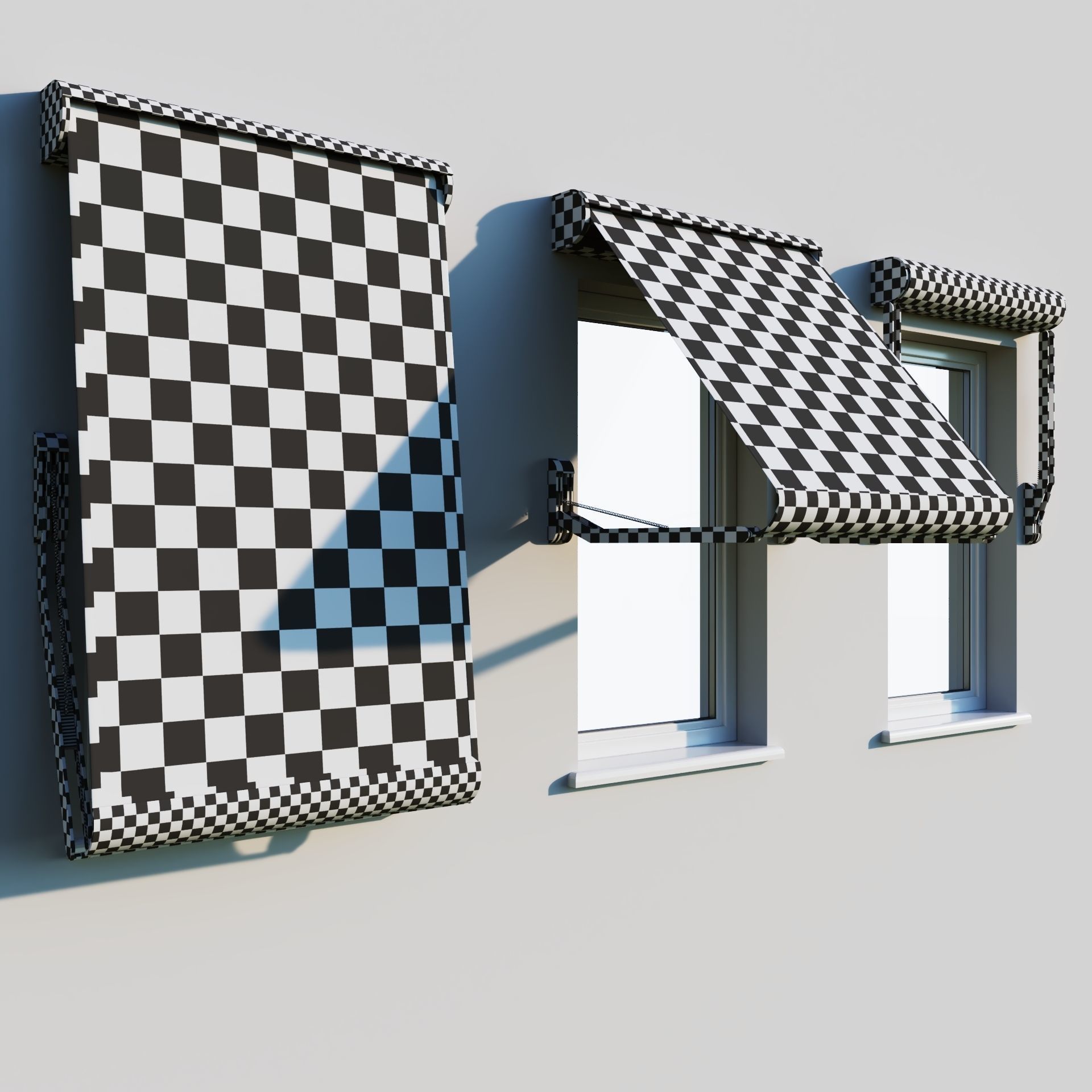 Sunblind three window awnings with checkered pattern 3D model | CGTrader