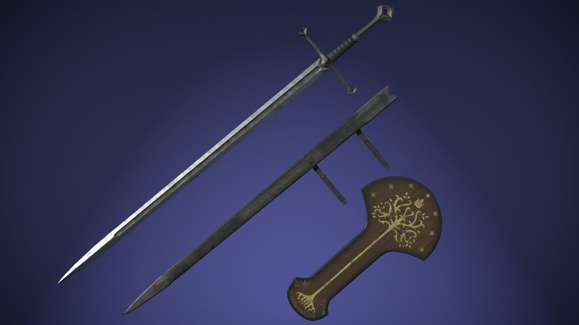 3D model Anduril sword from LOTR with scabbard band and stand VR / AR ...