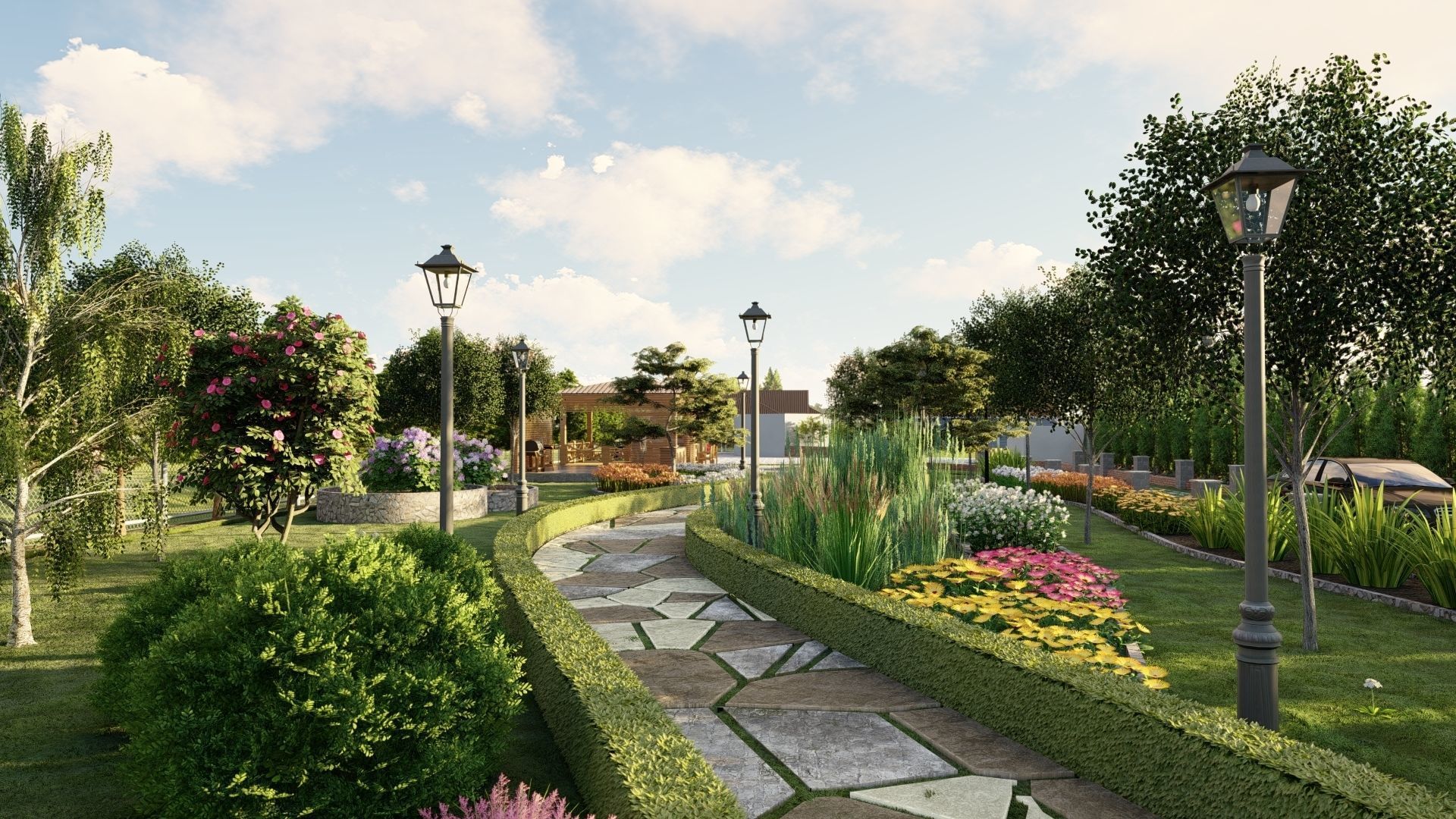 Landscape 3D Model garden path with trees and shrubs 3D model | CGTrader