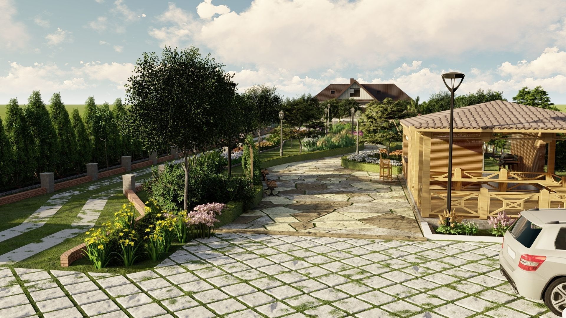 Landscape 3D Model garden path with trees and shrubs 3D model | CGTrader