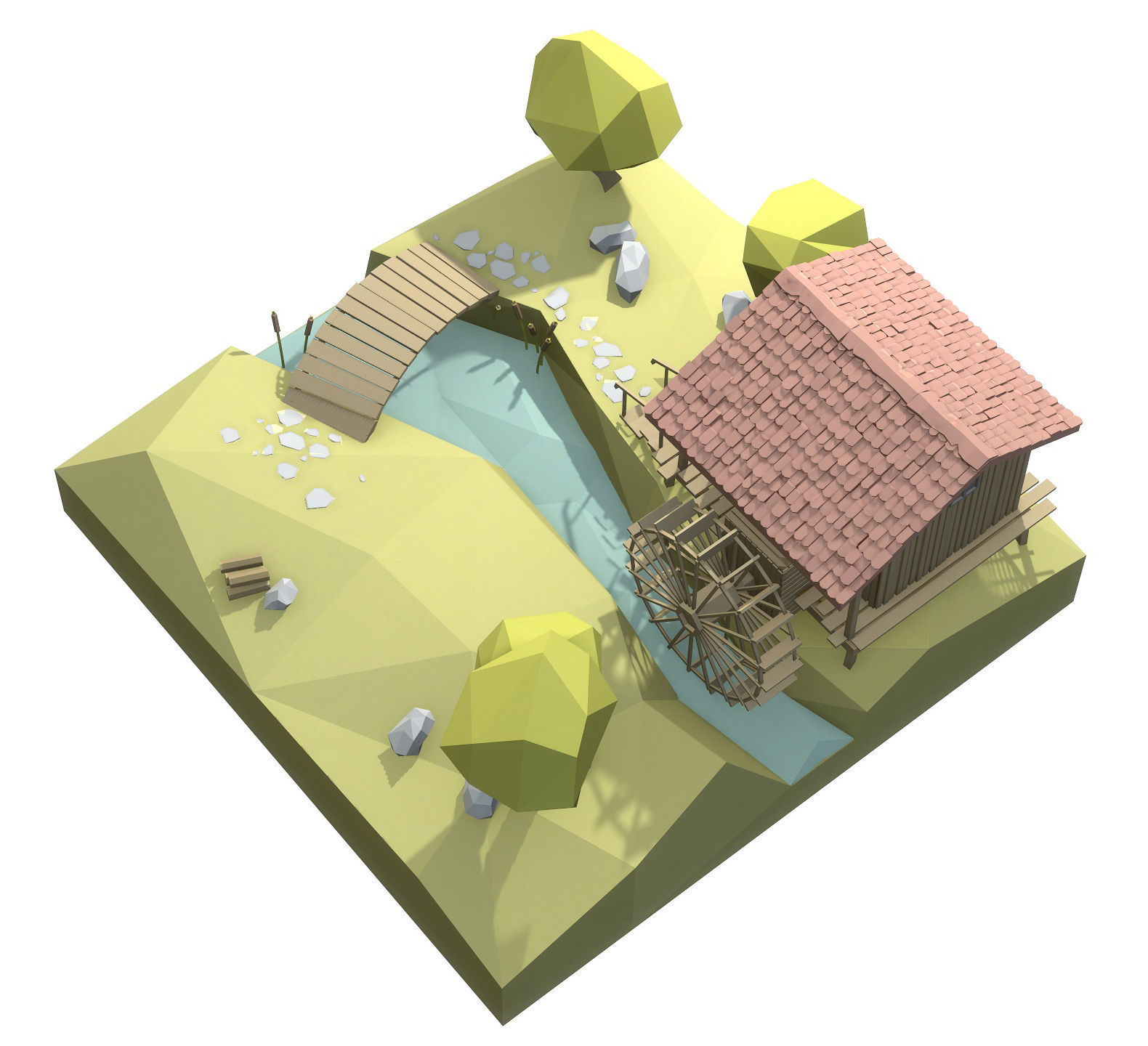 3D model Watermill isometric landscape village low poly VR / AR / low ...