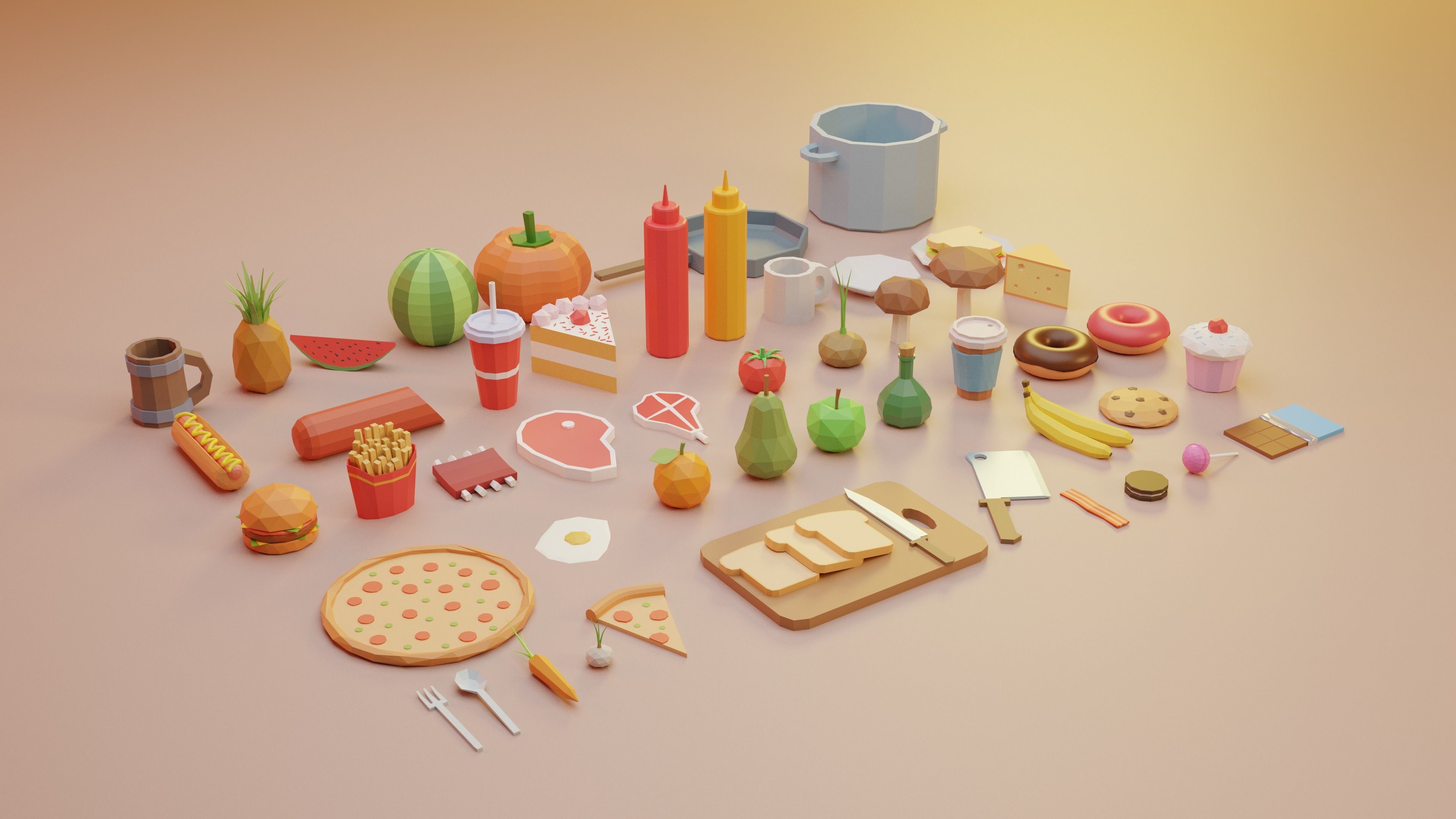 3D model Low Poly Fruits and Vegetables Food Collection VR / AR / low ...