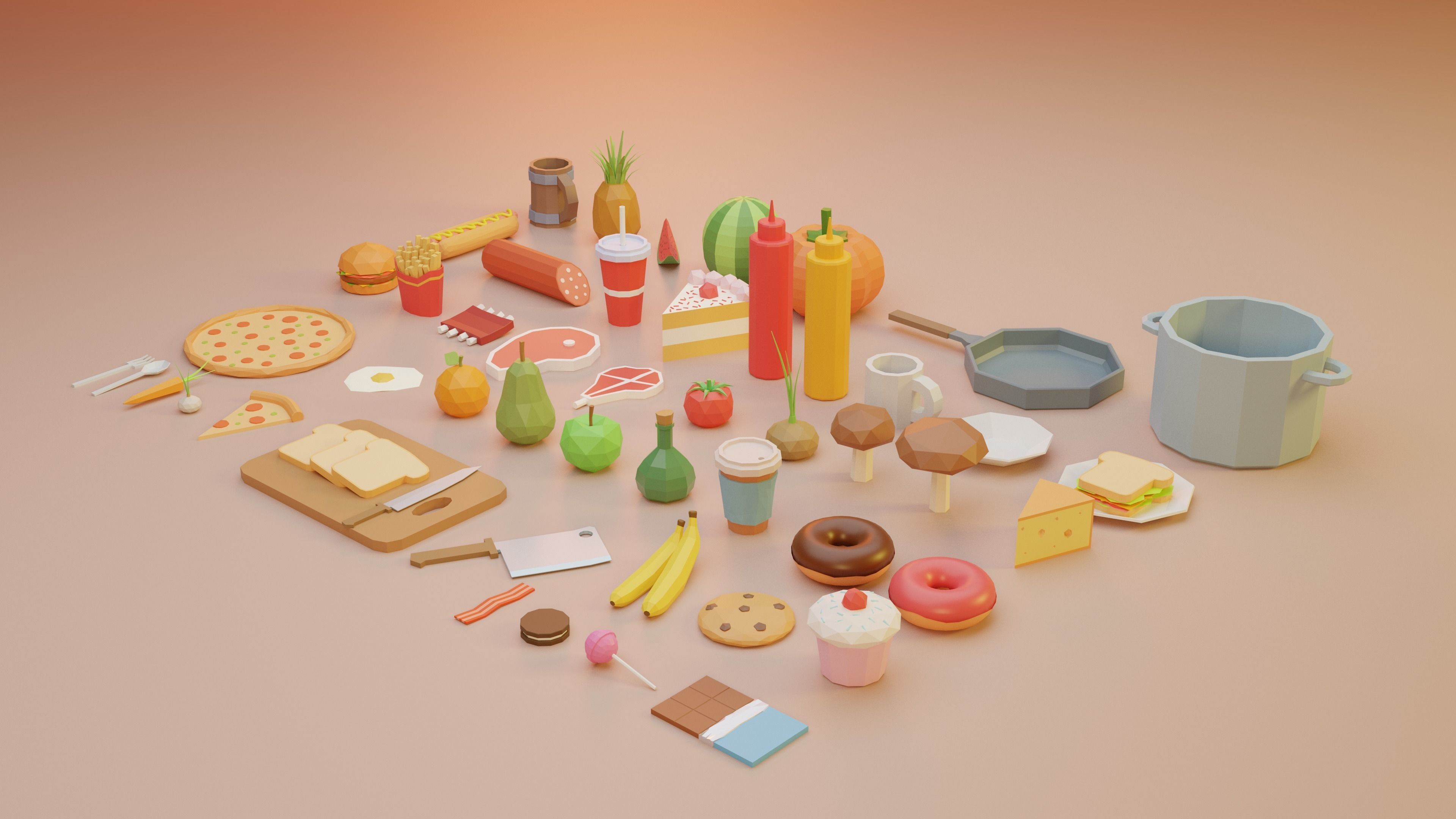 3D model Low Poly Fruits and Vegetables Food Collection VR / AR / low ...