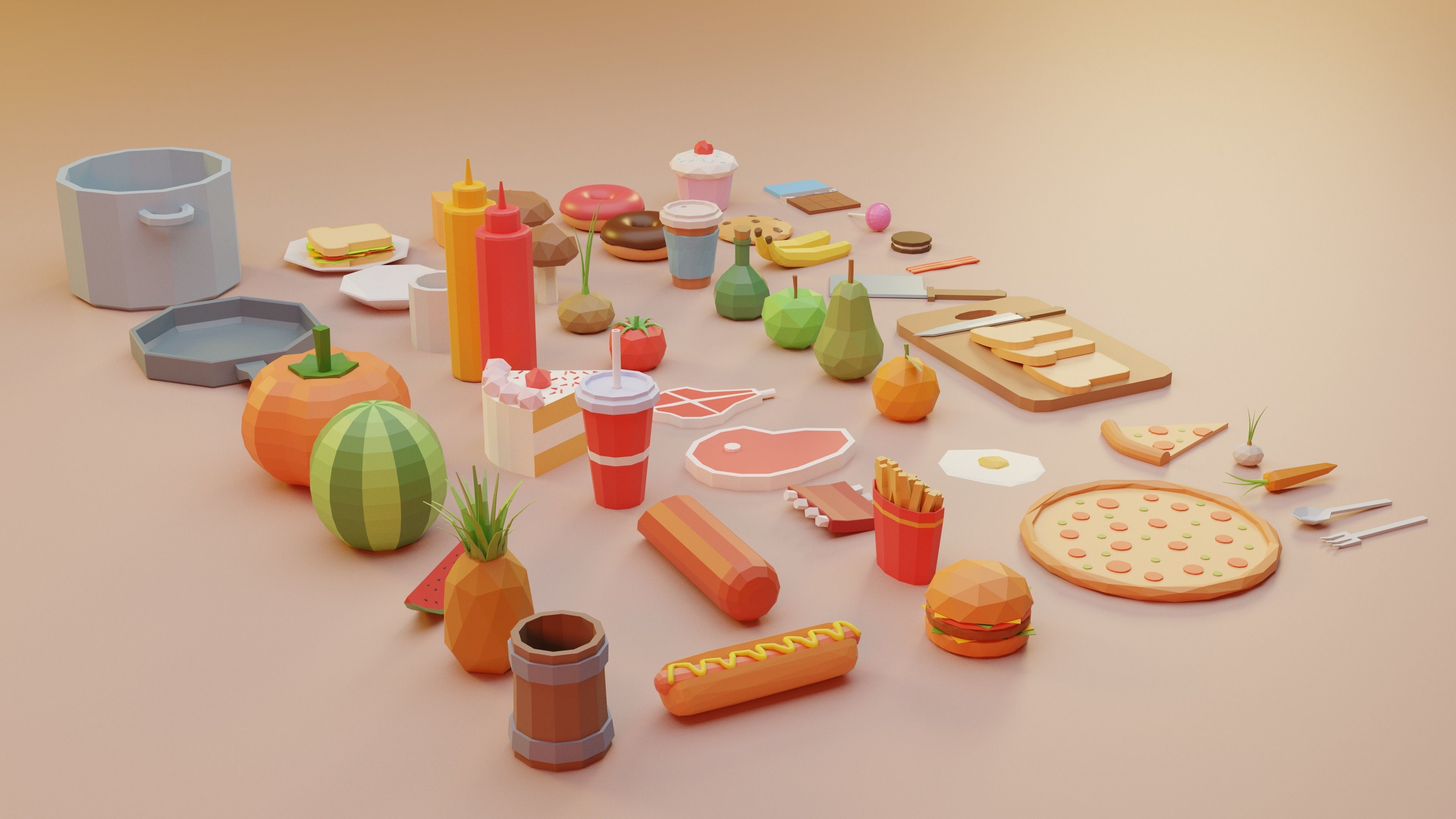 3D model Low Poly Fruits and Vegetables Food Collection VR / AR / low ...