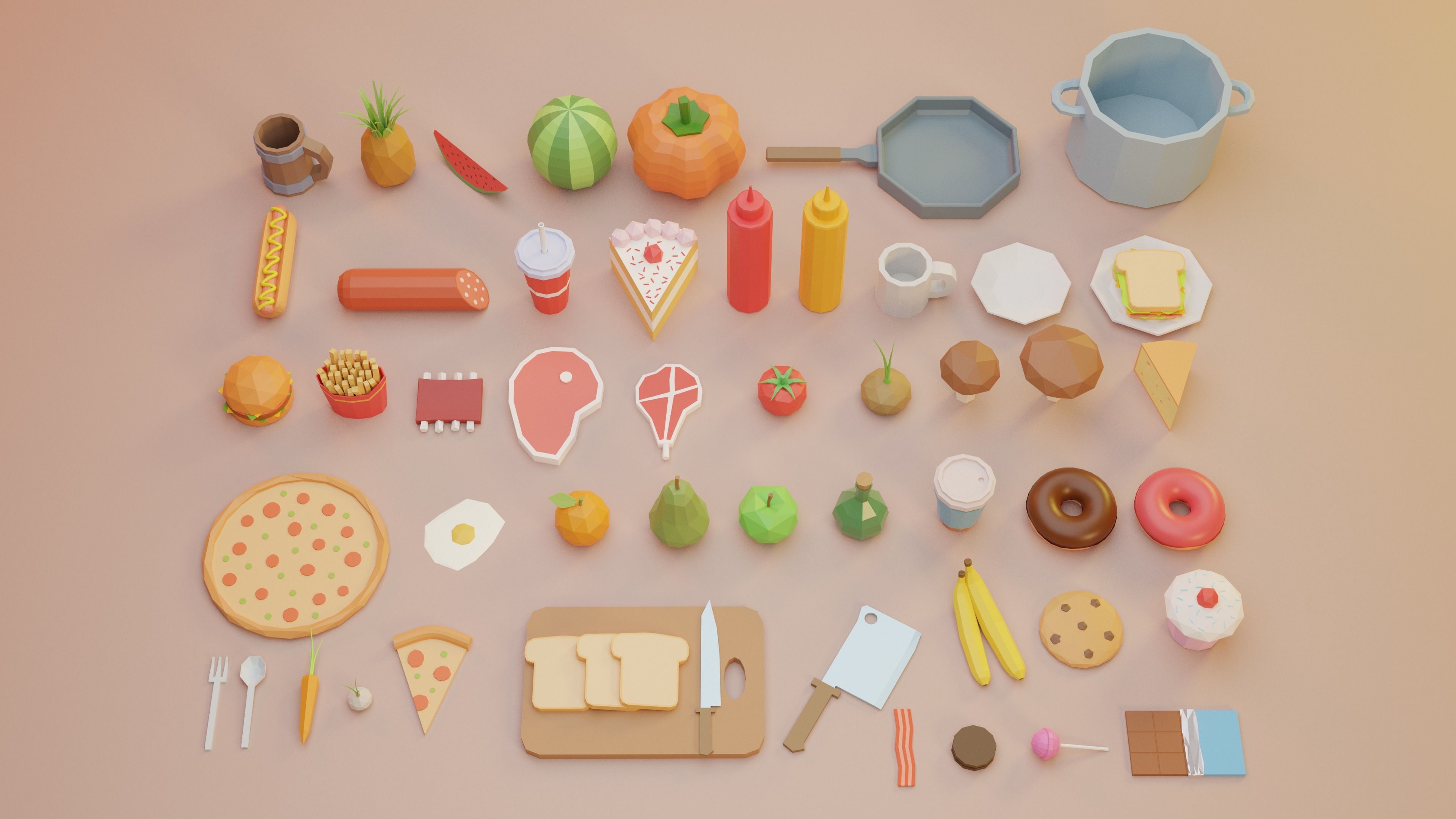 3D model Low Poly Fruits and Vegetables Food Collection VR / AR / low ...