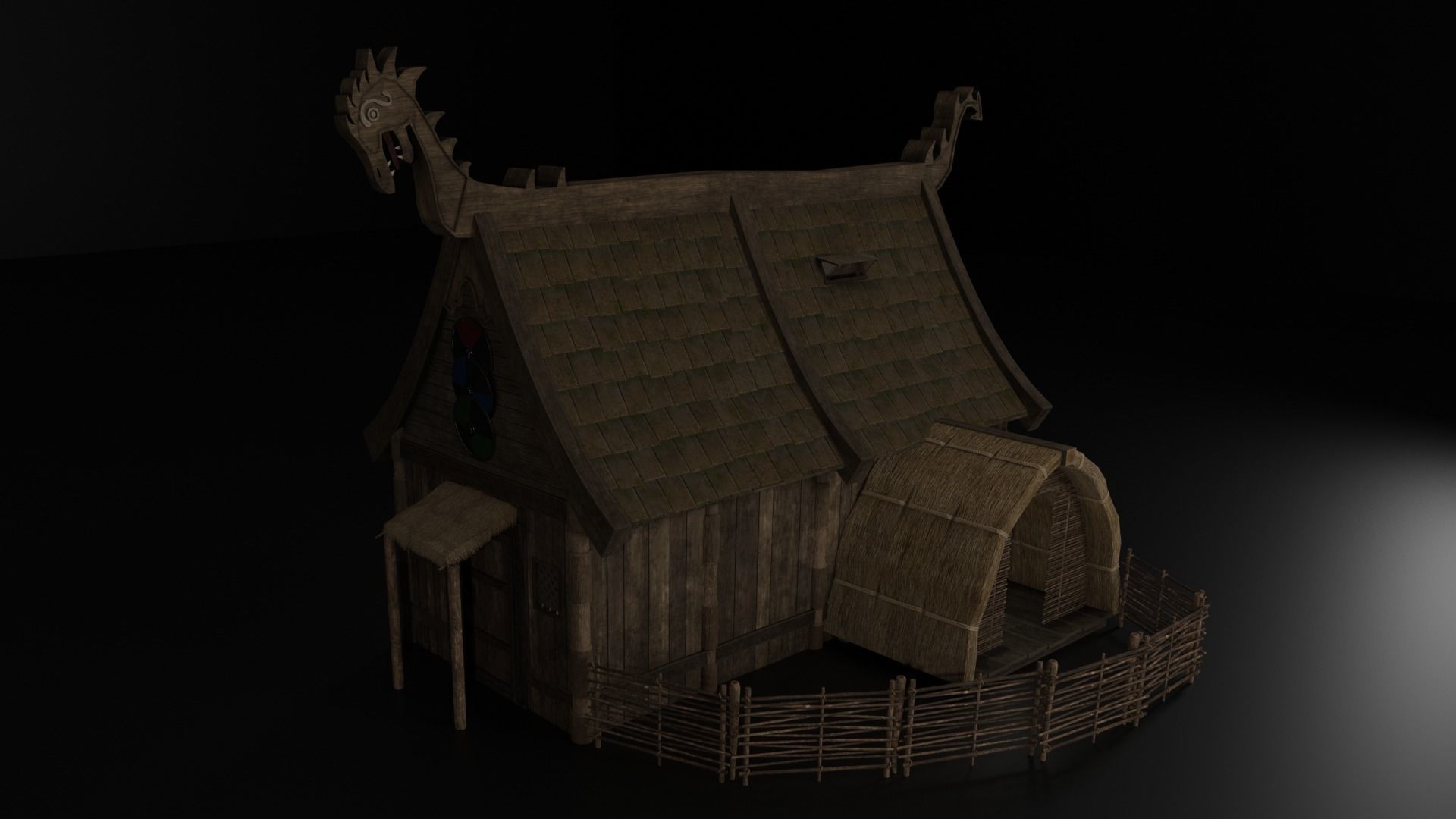 3D model Viking House with Thatch Shack with interior and wooden fence ...