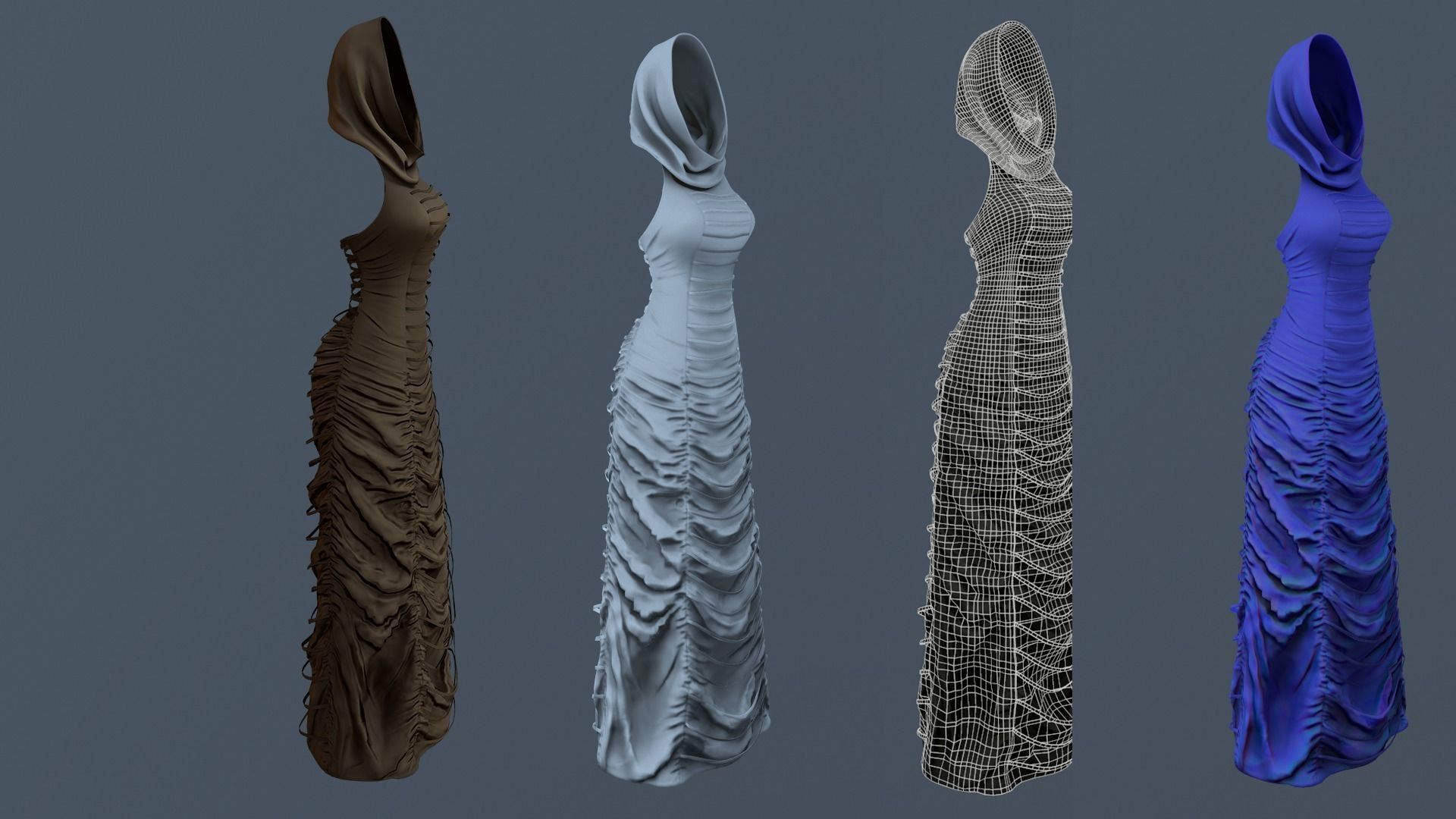 3D model Textured Long Wrinkled Ruffled Hooded Dress VR / AR / low-poly ...