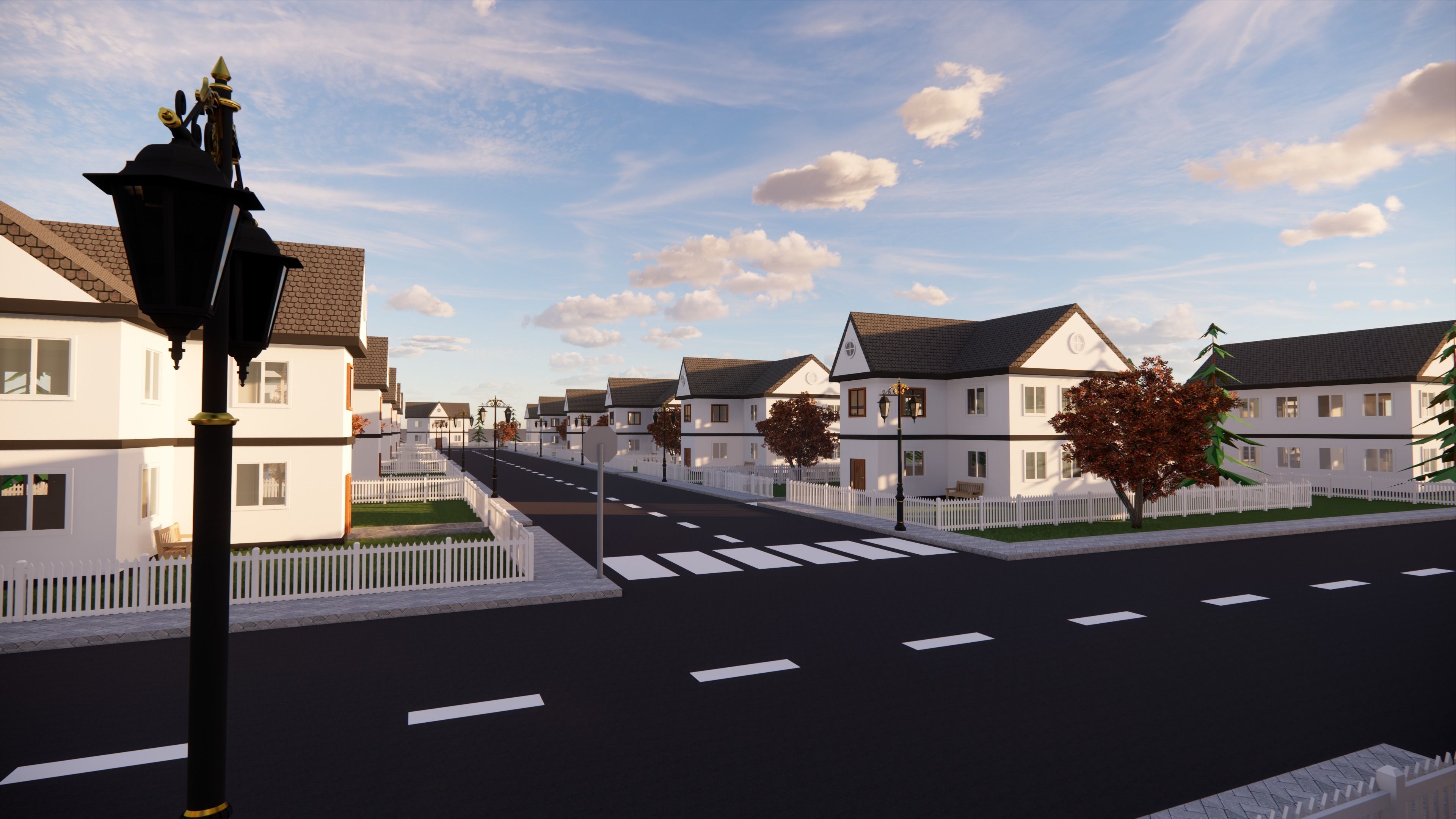 3D Neighborhood Model residential street with houses and fences 3D ...