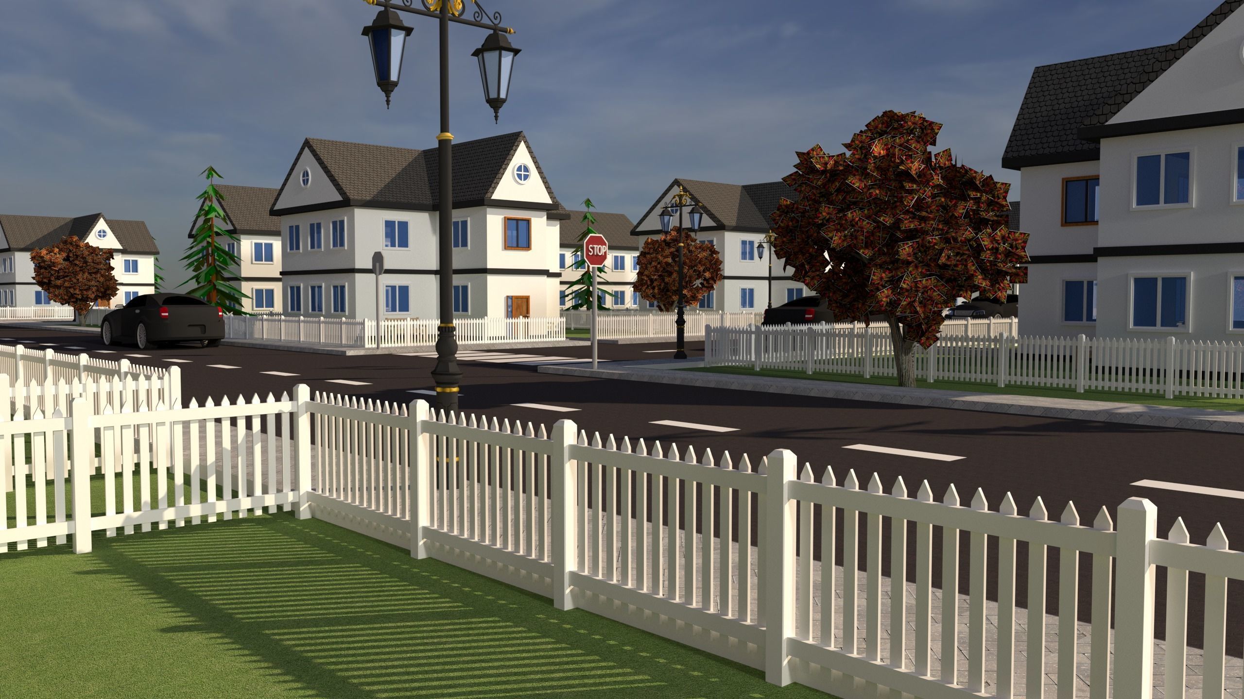 3D Neighborhood Model residential street with houses and fences 3D ...