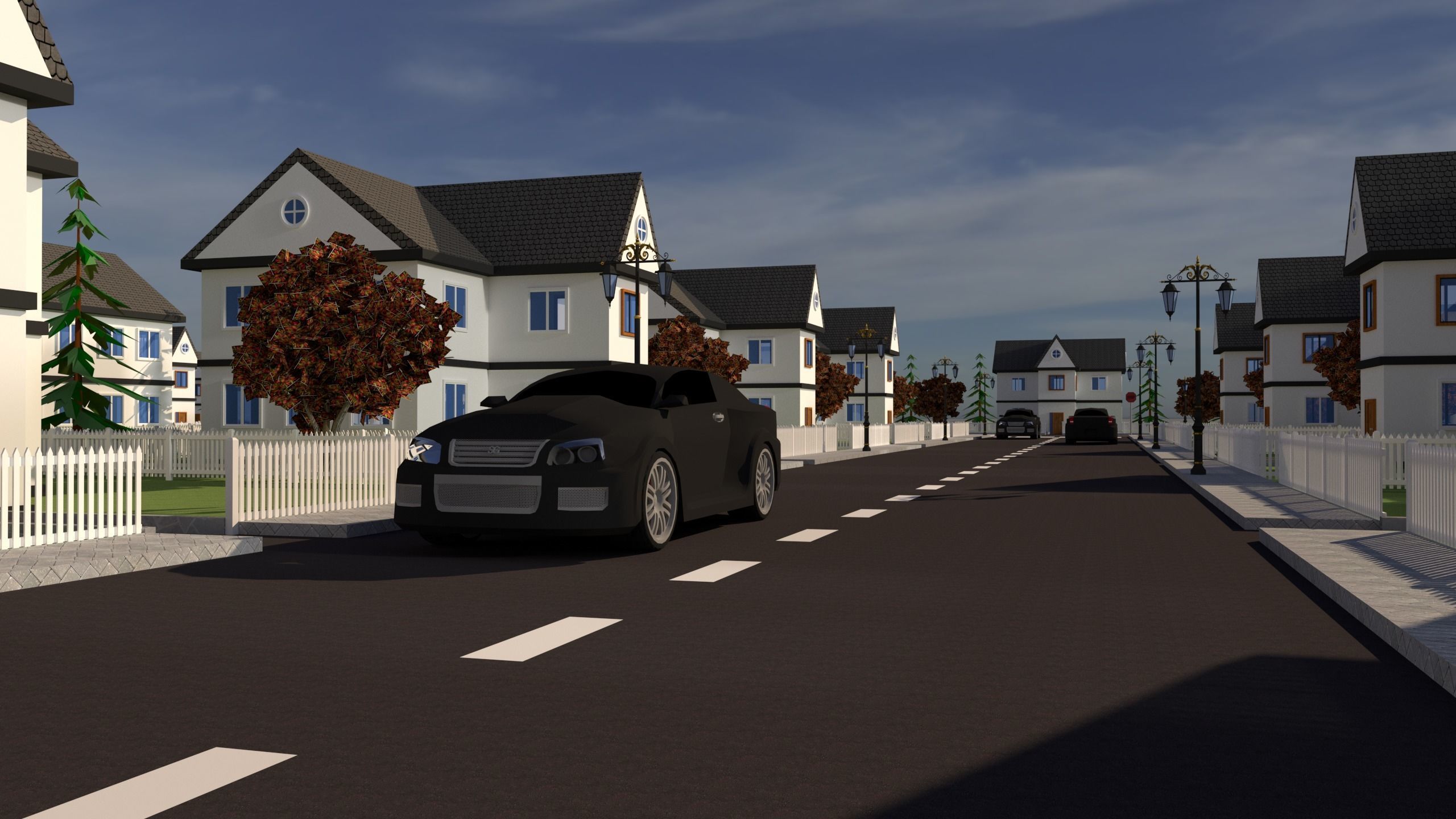 3D Neighborhood Model residential street with houses and fences 3D ...