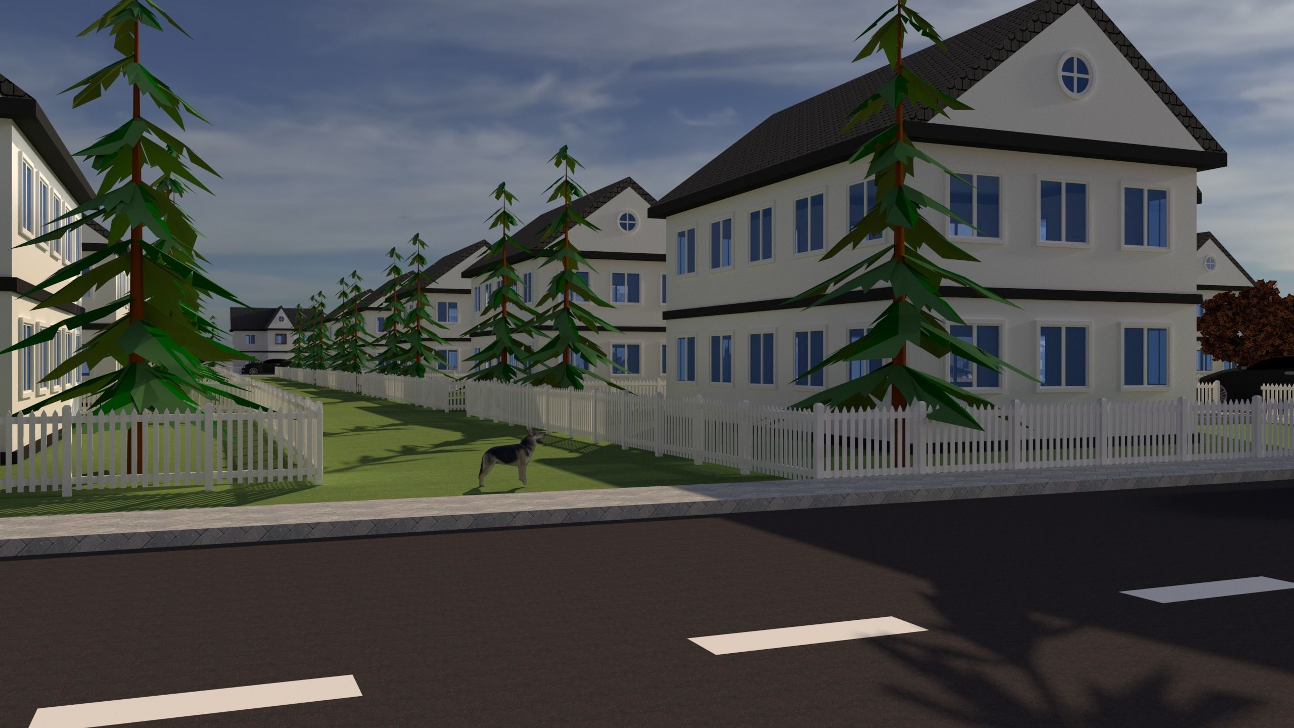 3D Neighborhood Model residential street with houses and fences 3D ...