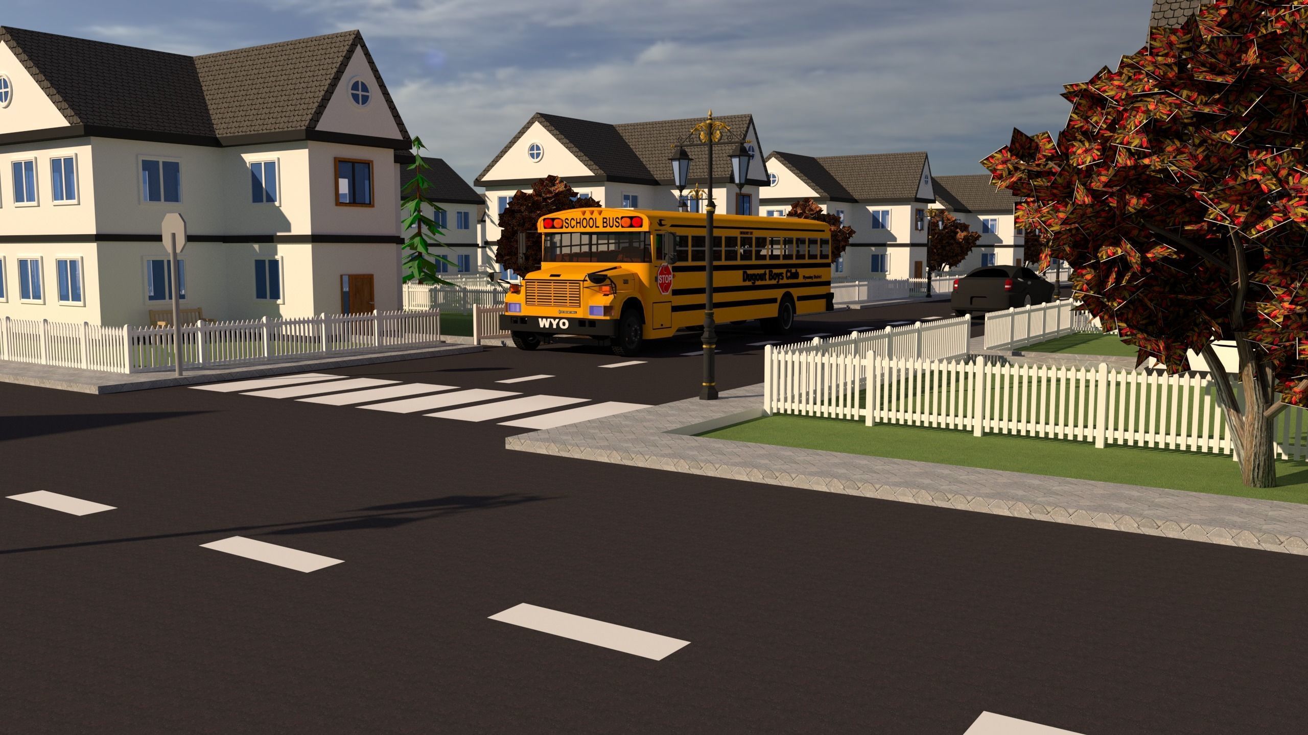 3D Neighborhood Model residential street with houses and fences 3D ...
