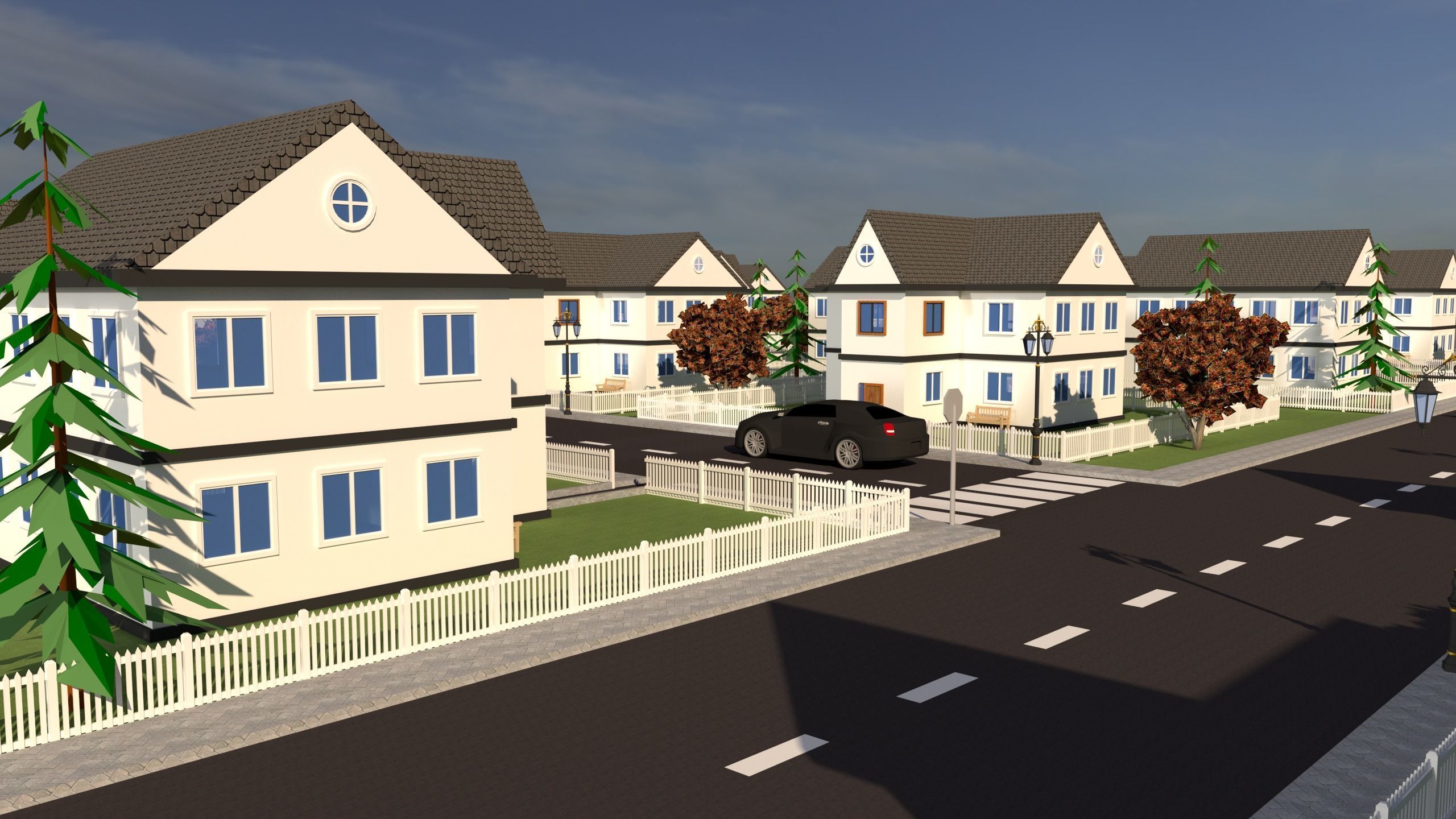 3D Neighborhood Model residential street with houses and fences 3D ...
