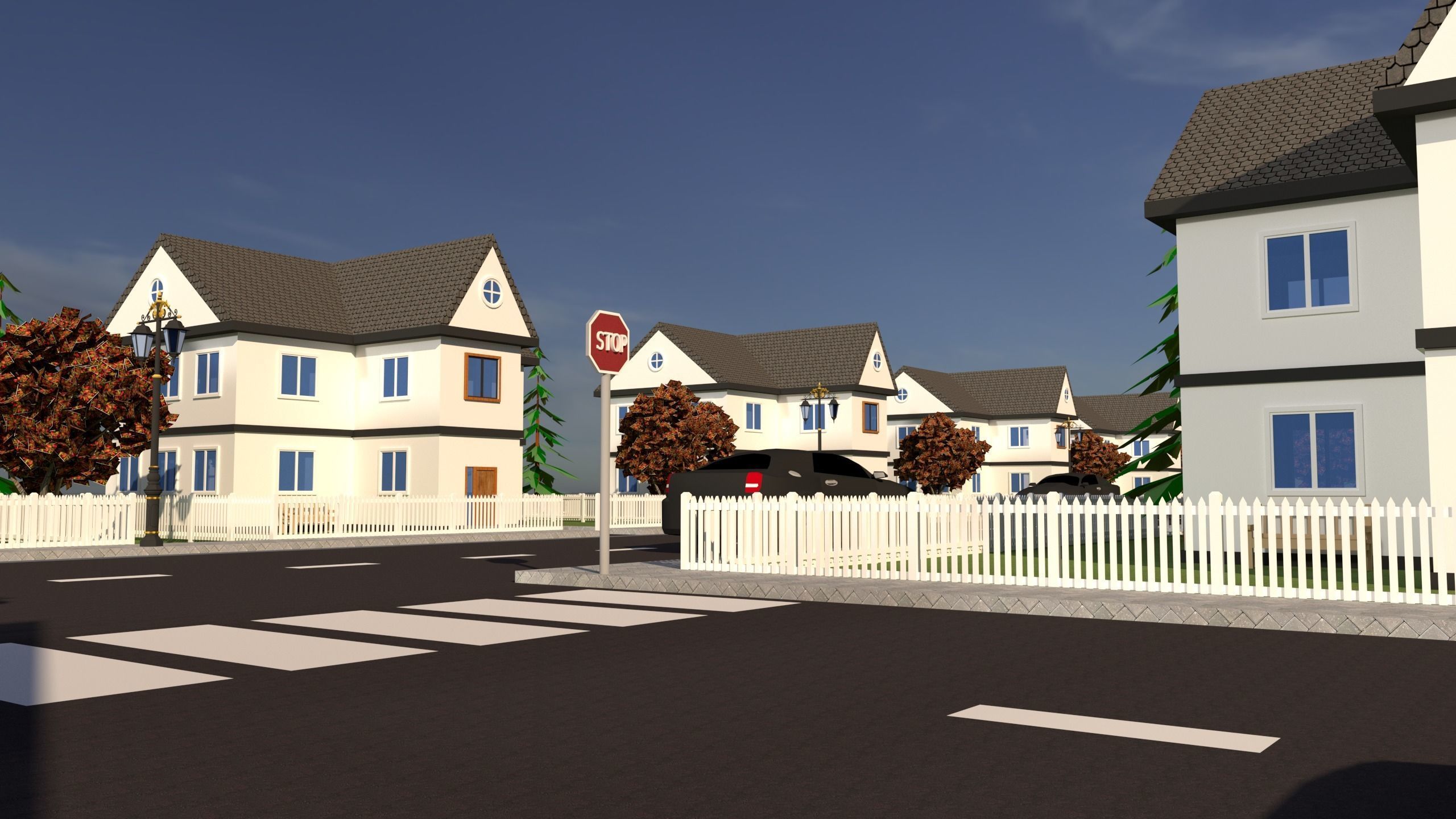 3D Neighborhood Model residential street with houses and fences 3D ...