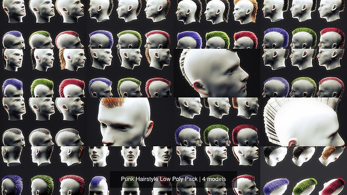 3D Model Collection Punk Hairstyle Low Poly Pack VR / AR / low-poly ...