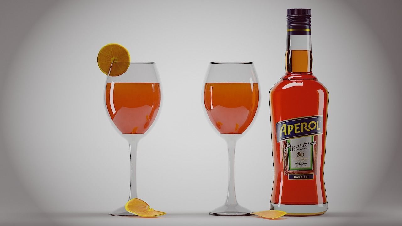 Aperol bottle of wine and two glasses on wooden table free 3D model ...