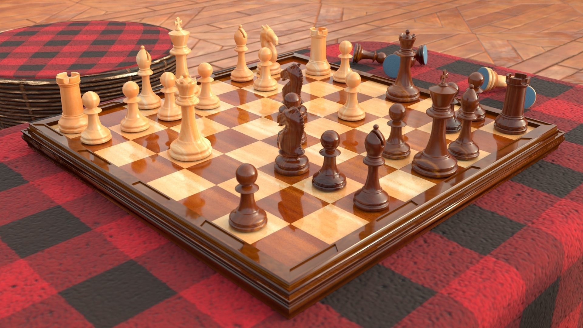 Chess Highpoly set on checkered tablecloth 3D model | CGTrader