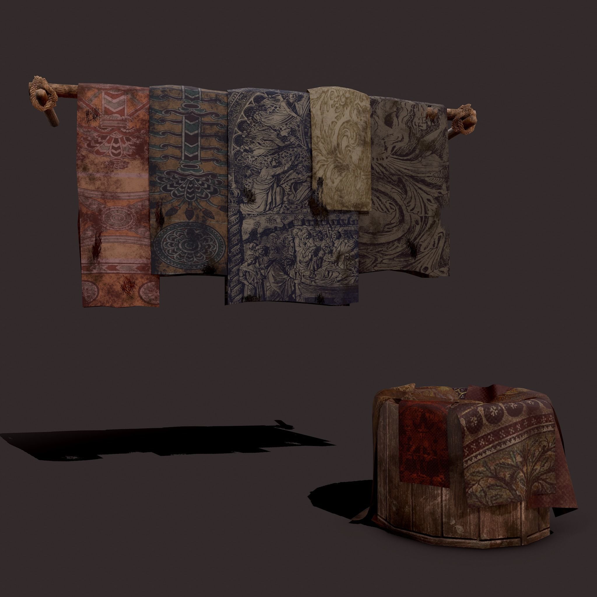 3D Model Collection Medieval Blanket Bucket and Hanger VR / AR / low ...