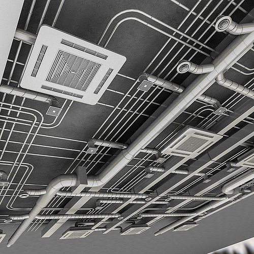 3D model 3D Ventilation Model ceiling with pipes and wires VR / AR ...