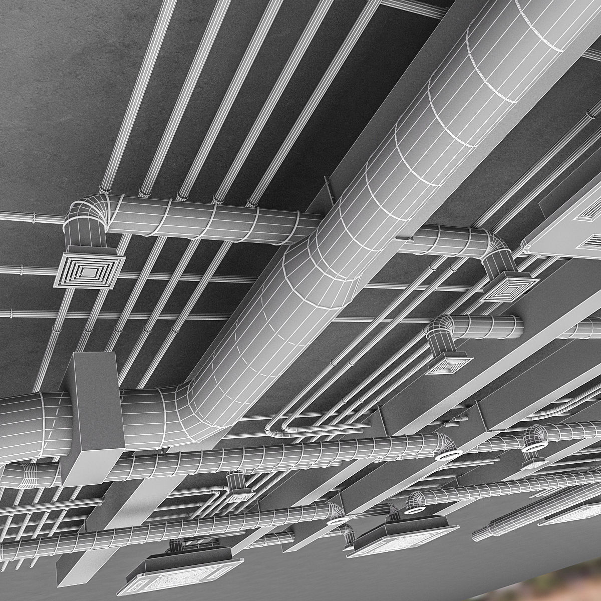 3D model 3D Ventilation Model ceiling with pipes and wires VR / AR ...